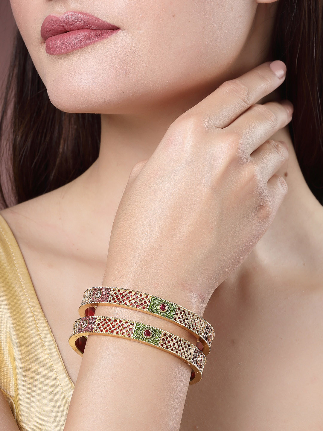 Buy NVR Set Of 2 Gold Plated Kundan Studded Traditional Bangles ...