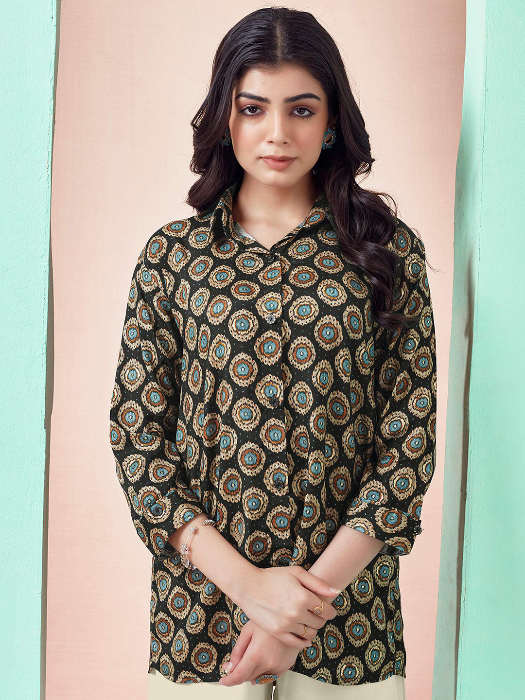 Buy Peachmode Shirt Collar Geometric Print Cotton Top - Tops for Women ...