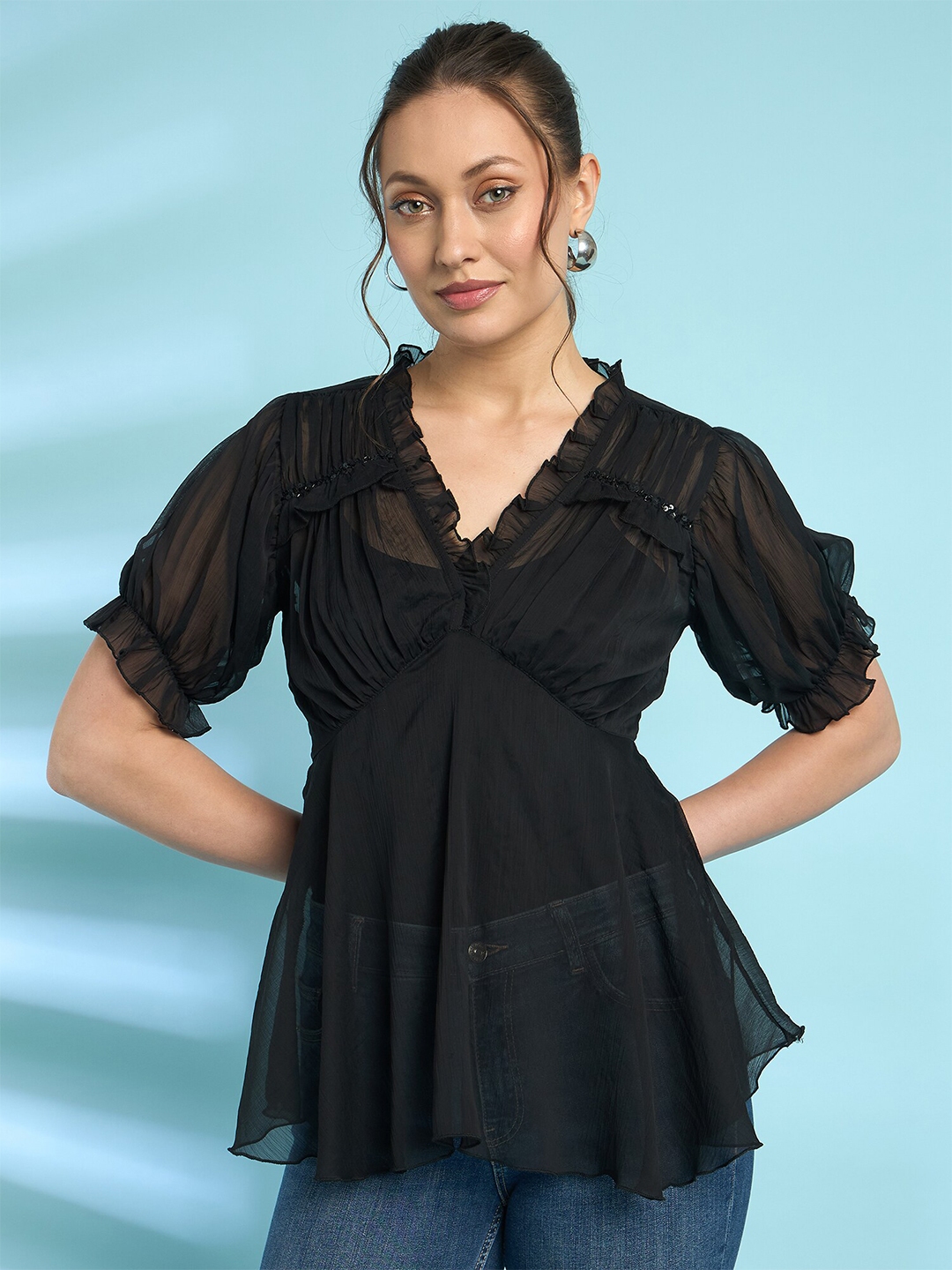 Buy Antheaa Embellished Puff Sleeve Chiffon Empire Top Tops For Women