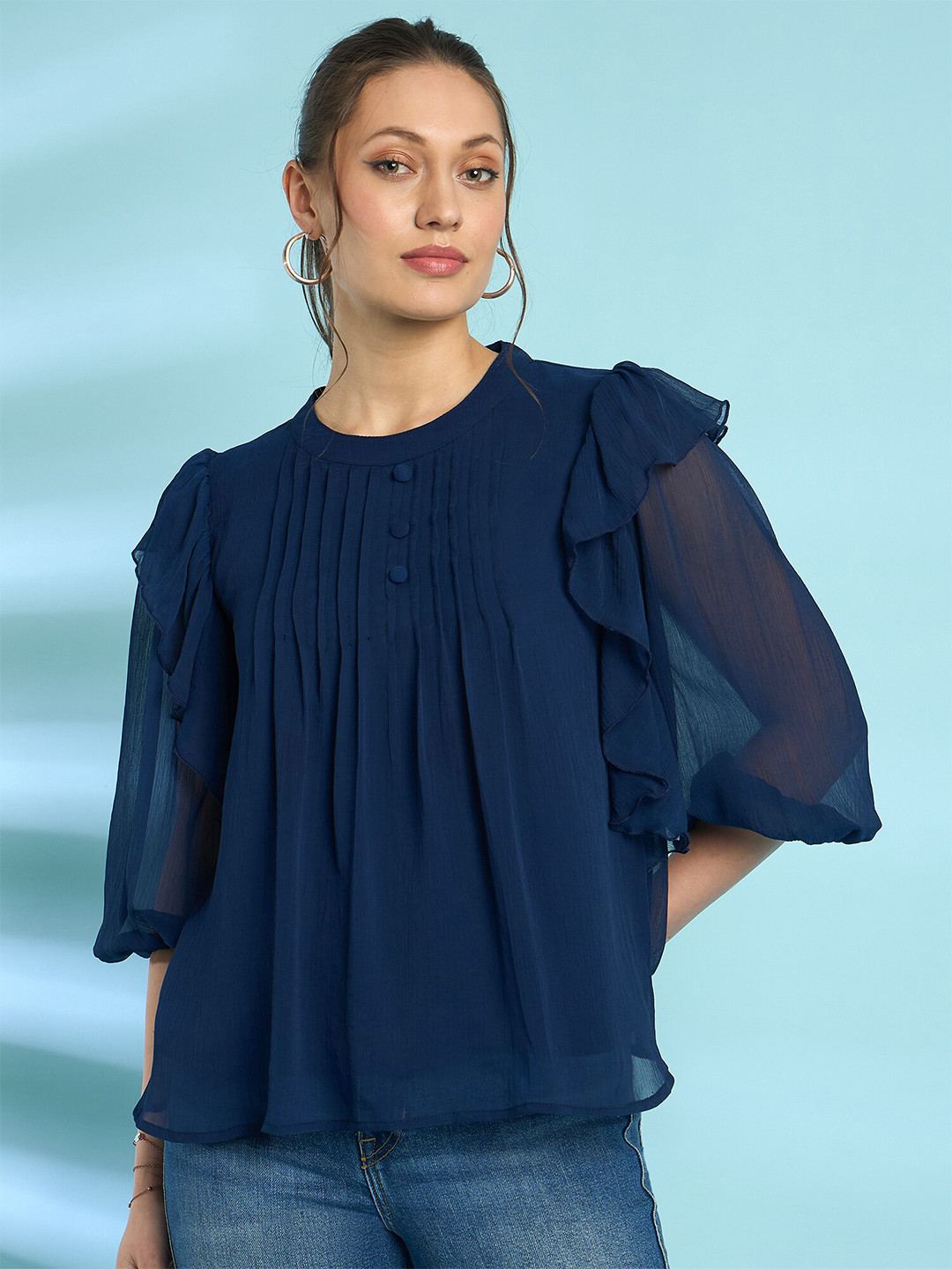 Buy Antheaa Blue Round Neck Flared Sleeve Chiffon A Line Top - Tops for ...