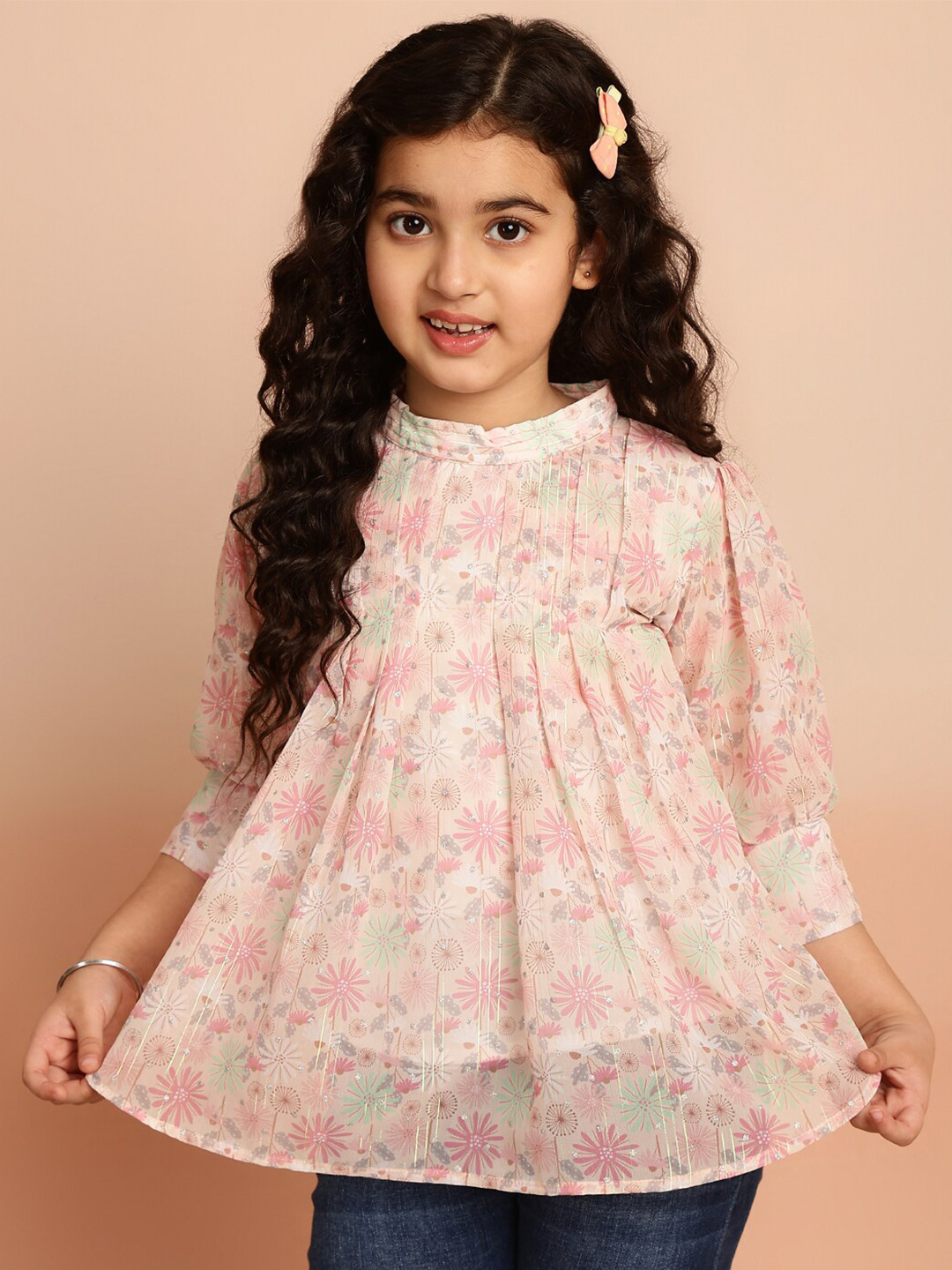 Buy BAESD Girls Floral Printed High Neck Embroidered Bell Sleeve A Line ...