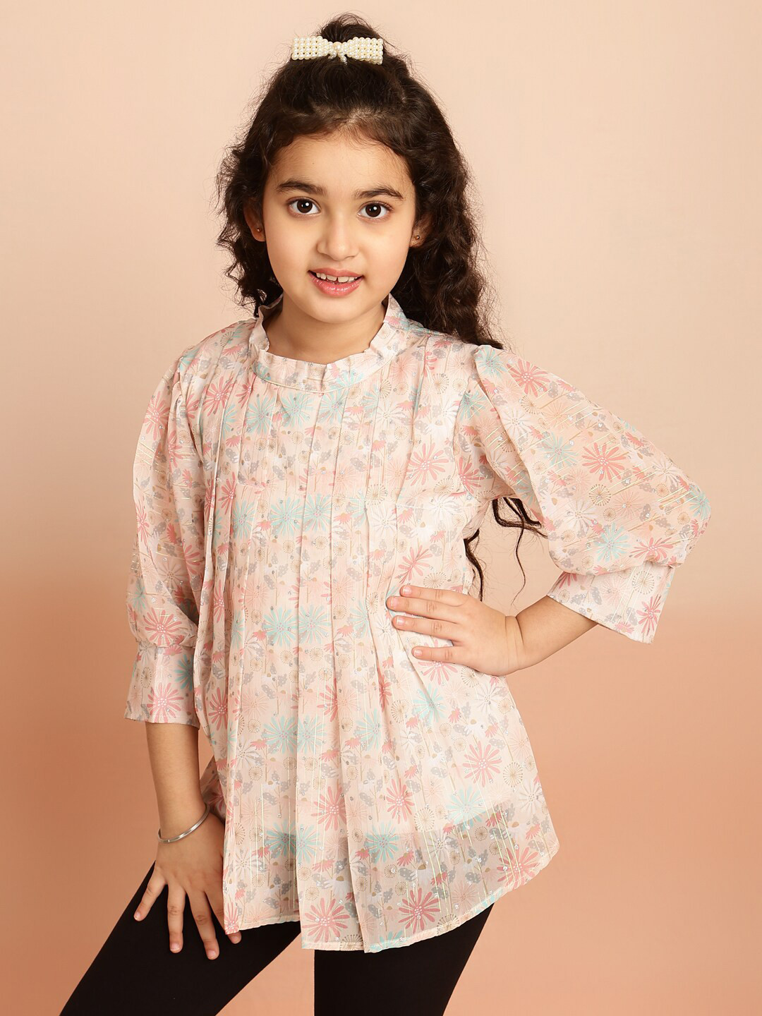 Buy BAESD Girls Floral Printed High Neck Puff Sleeves A Line Top - Tops ...