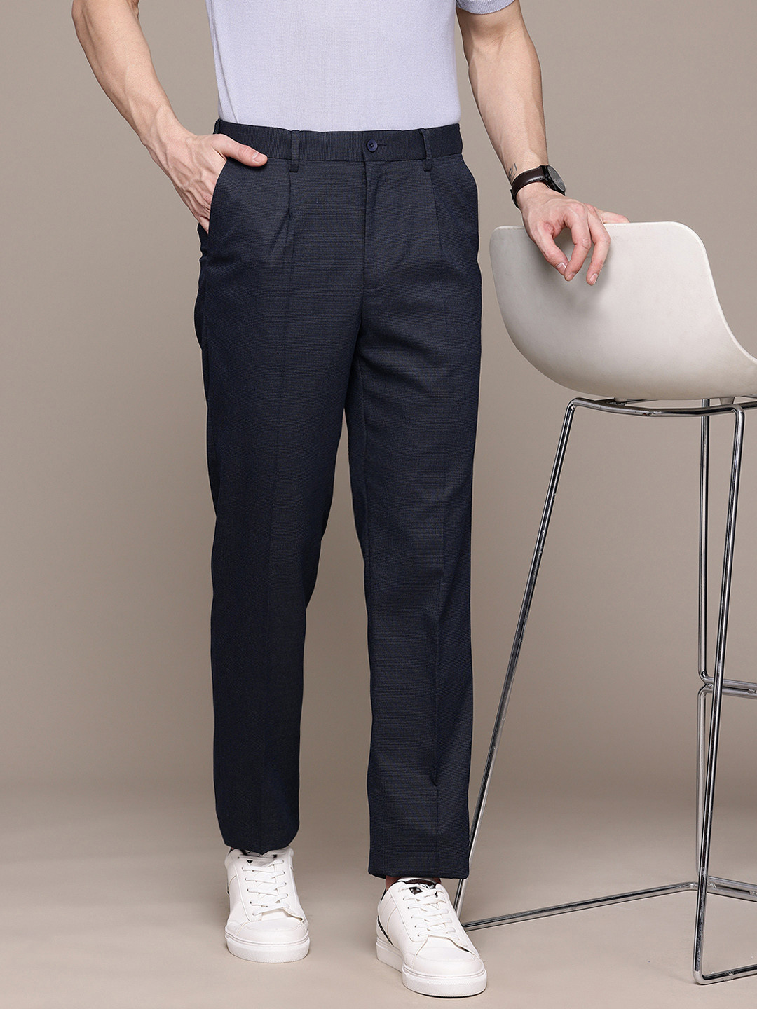 Buy Nautica Men Flex Waistband Checked Pleated Formal Trousers ...