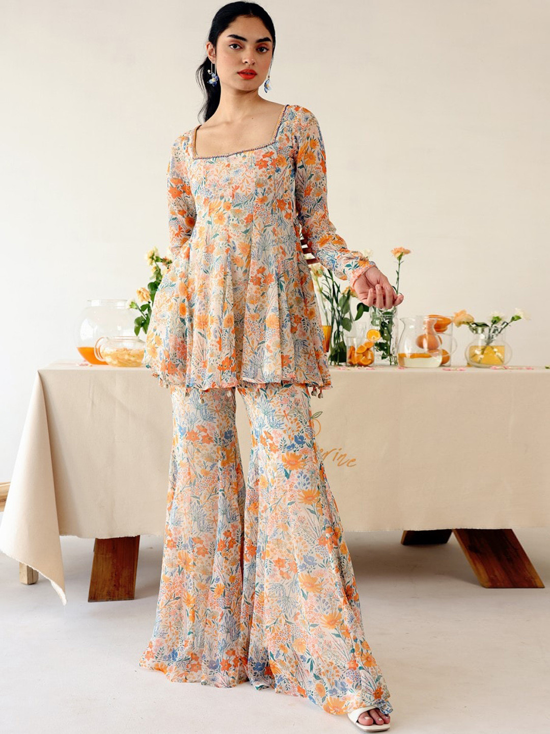 Buy Baise Gaba Floral Printed Regular Beads And Stones Silk Chiffon ...