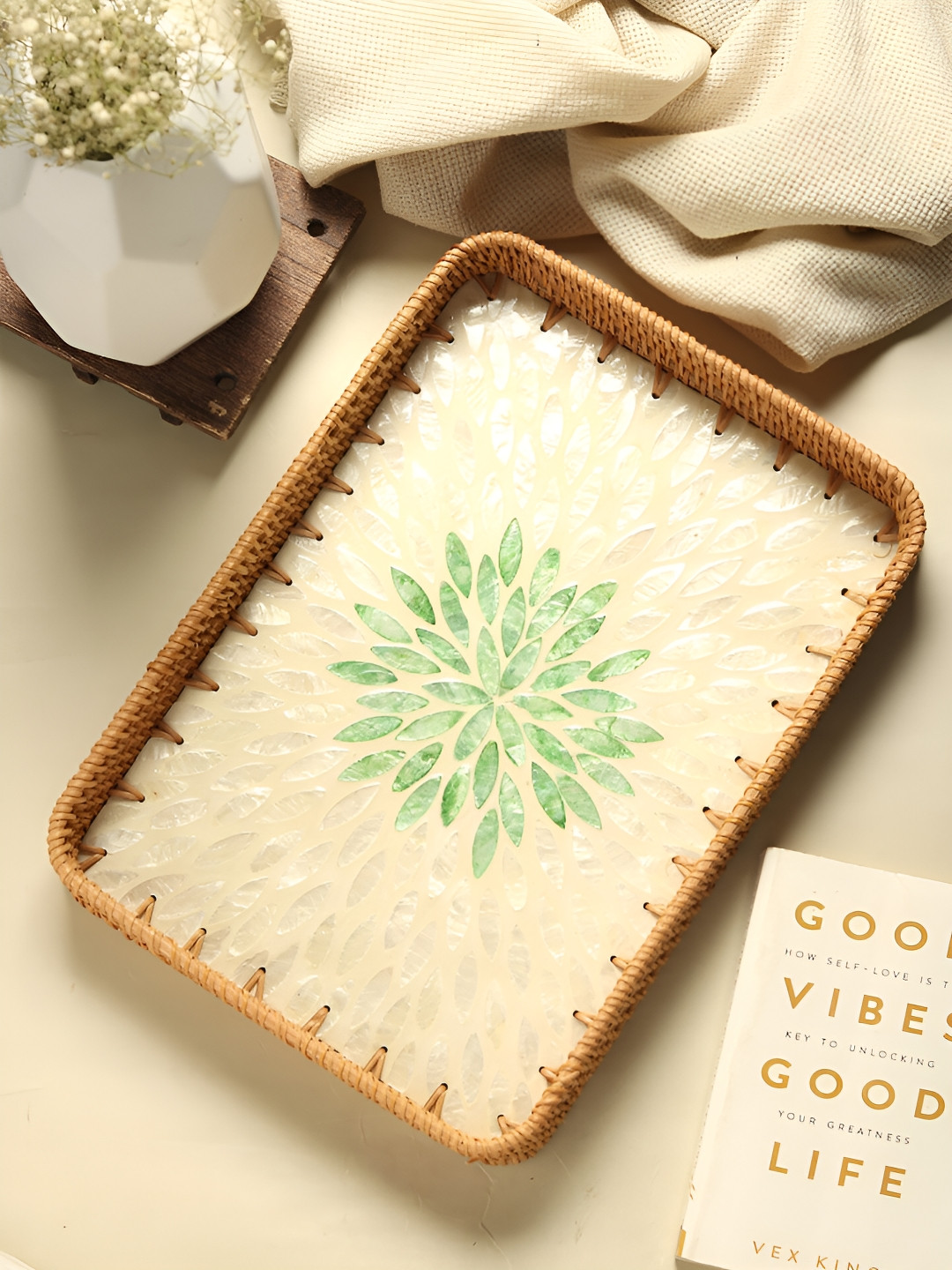 Buy HABERE INDIA Rattan Bamboo Tray With Mosaic Work X Large - Serving ...