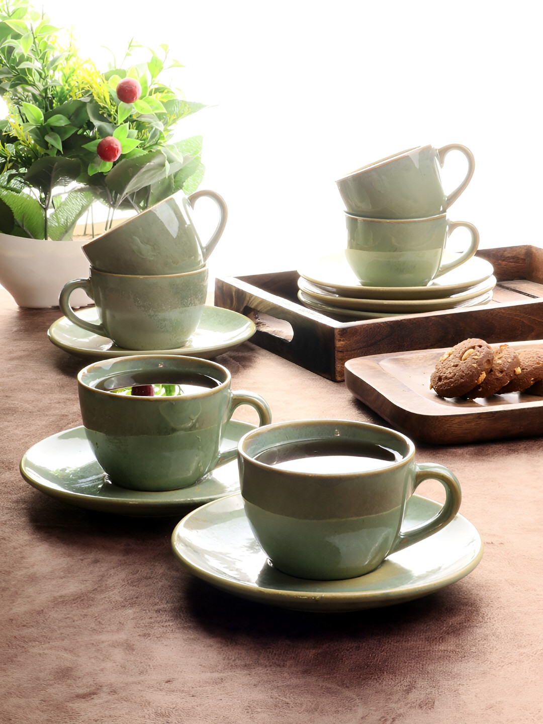 Buy Aura Green & Brown 12 Pieces Ceramic Cup Saucer Set - Cups And Mugs ...