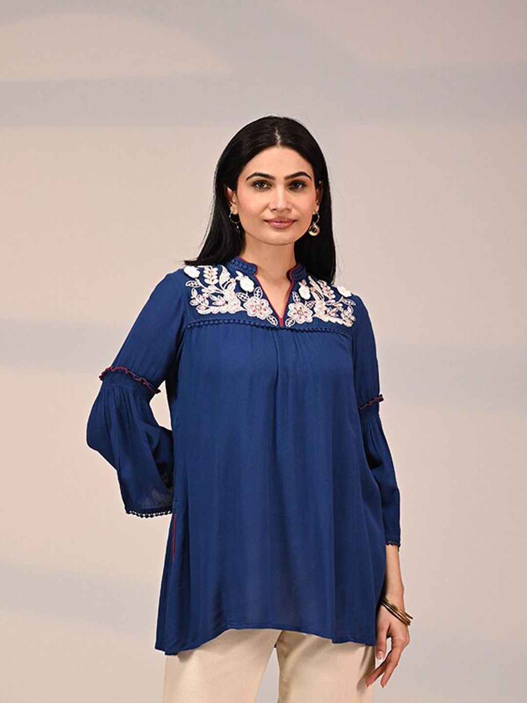 Buy Lakshita Floral Embroidered Mandarin Collar Bell Sleeves Crepe A ...