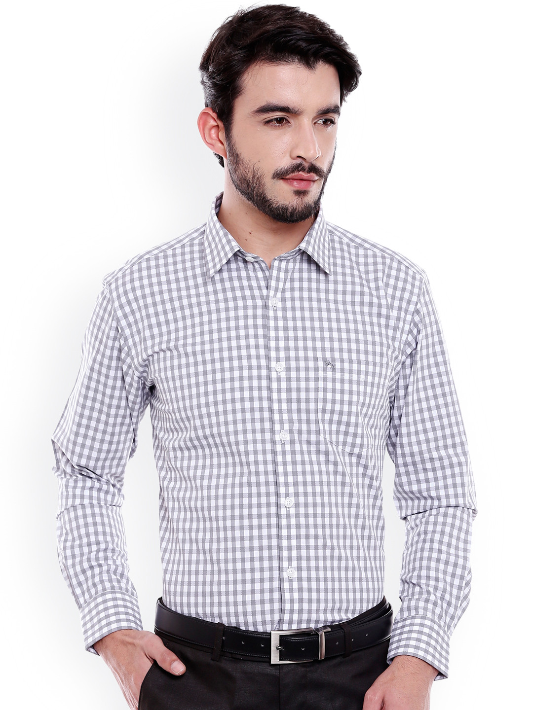 Buy DCot By Donear Men White & Grey Slim Fit Checked Formal Shirt ...