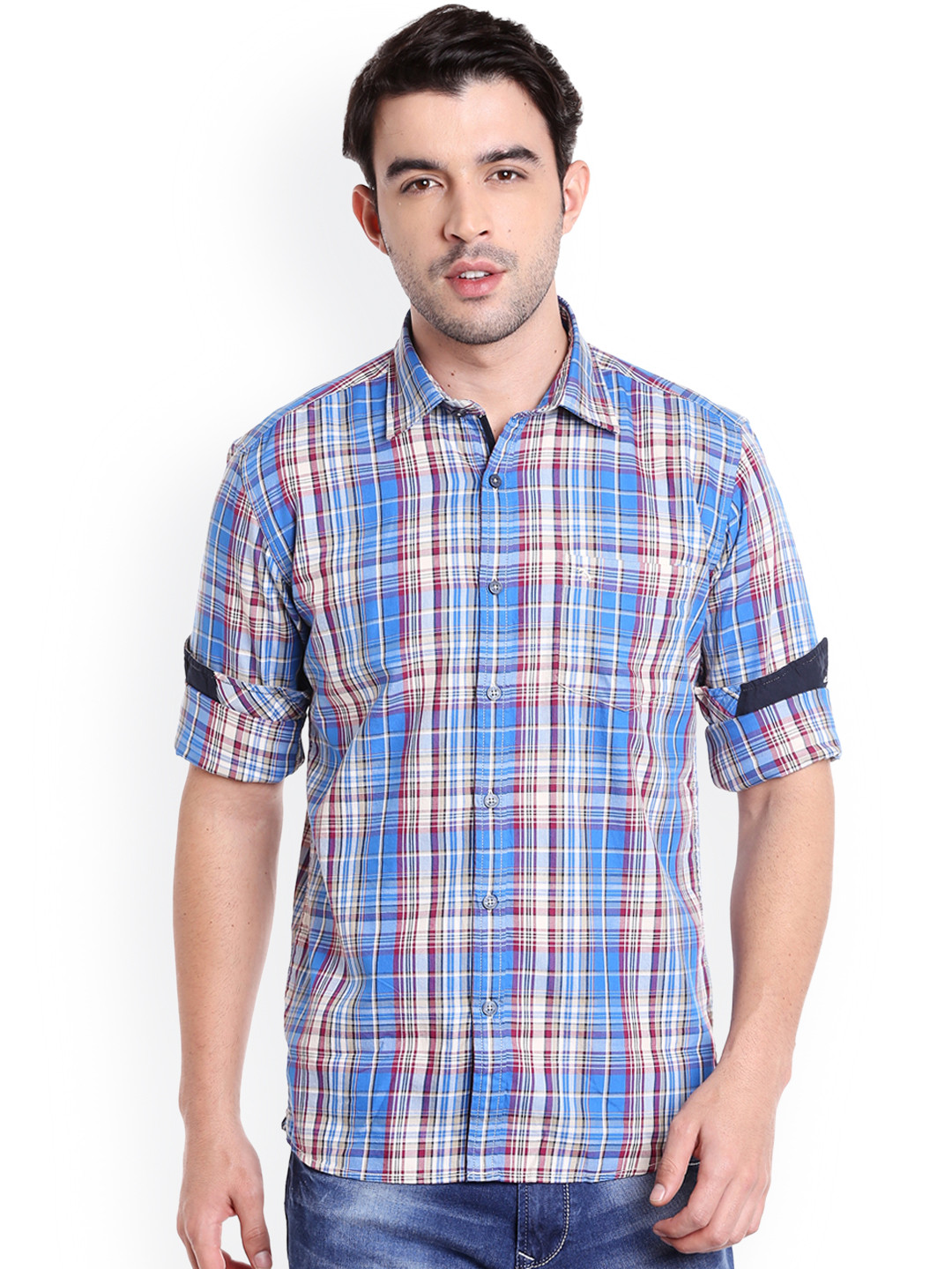 Buy DCot By Donear Men Blue Slim Fit Checked Casual Shirt - Shirts for ...