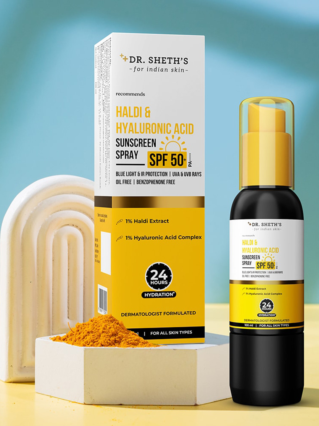 Buy DR. SHETHS Haldi & Hyaluronic Acid SPF50+ PA++++ Sunscreen Spray ...