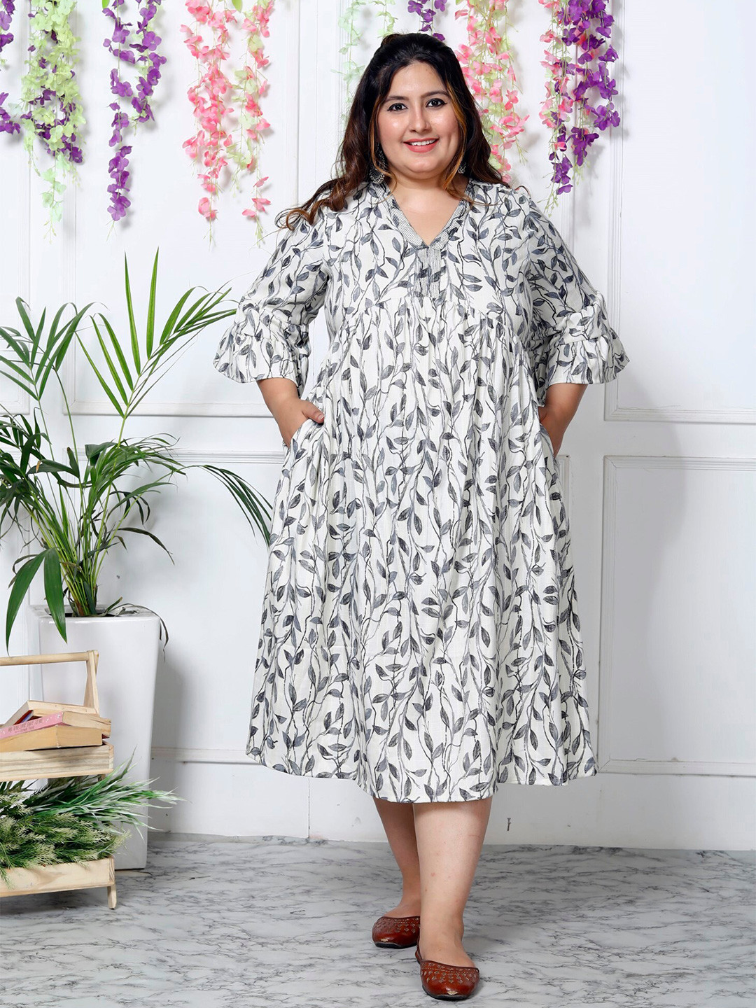 Buy Swasti Plus Size Floral Printed V Neck Bell Sleeve A Line Dress ...