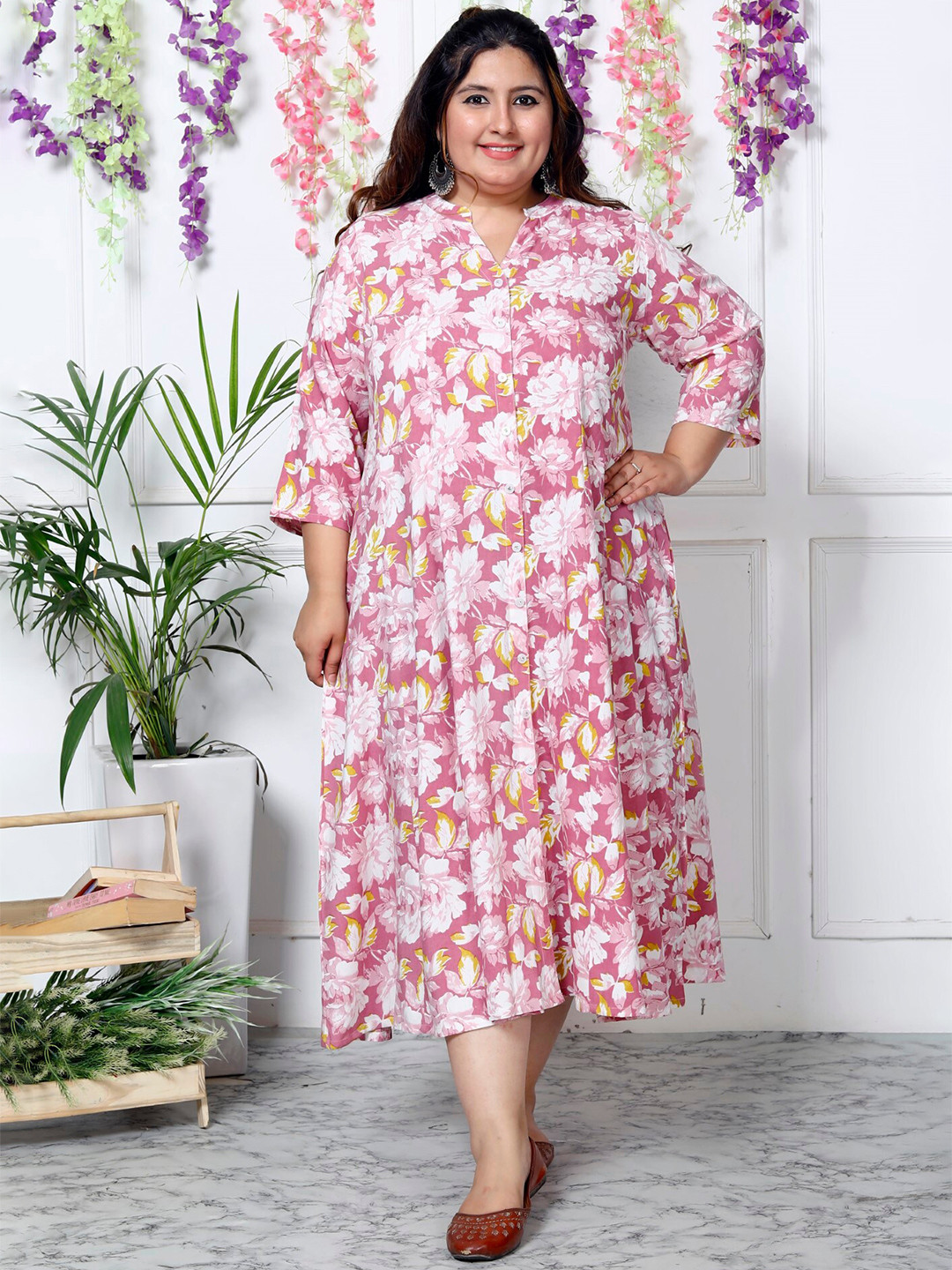 Buy Swasti Plus Size Mandarin Collar Floral Print A Line Midi Dress ...