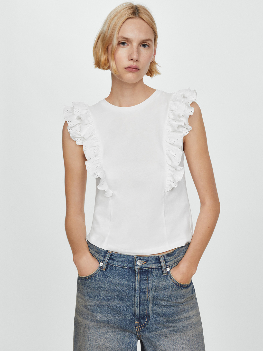 Buy MANGO Flutter Sleeve Ruffled Cotton Top - Tops for Women 28844178 ...