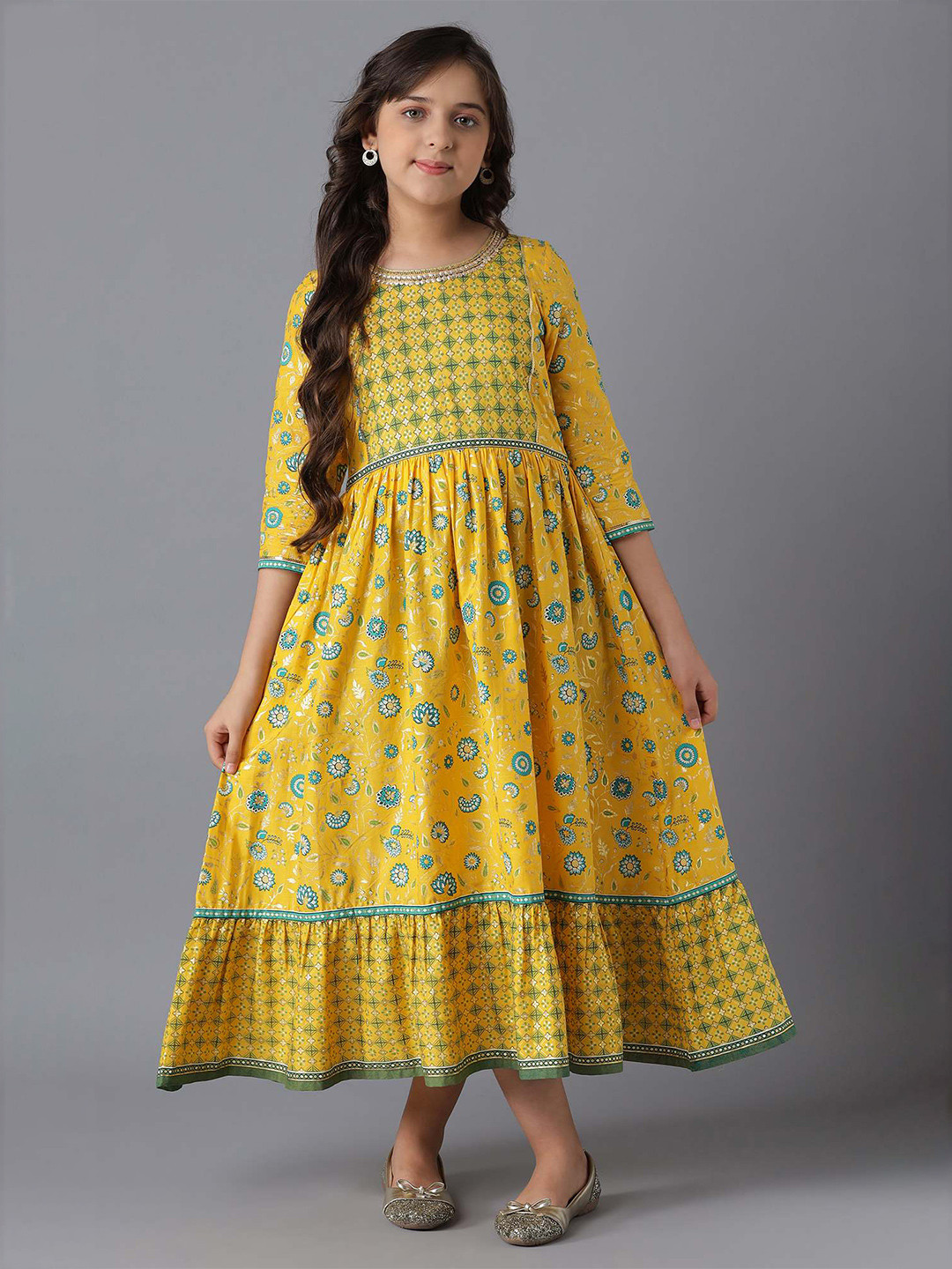 Buy AURELIA Girls Ethnic Motifs Print Cotton Round Neck Maxi Midi ...