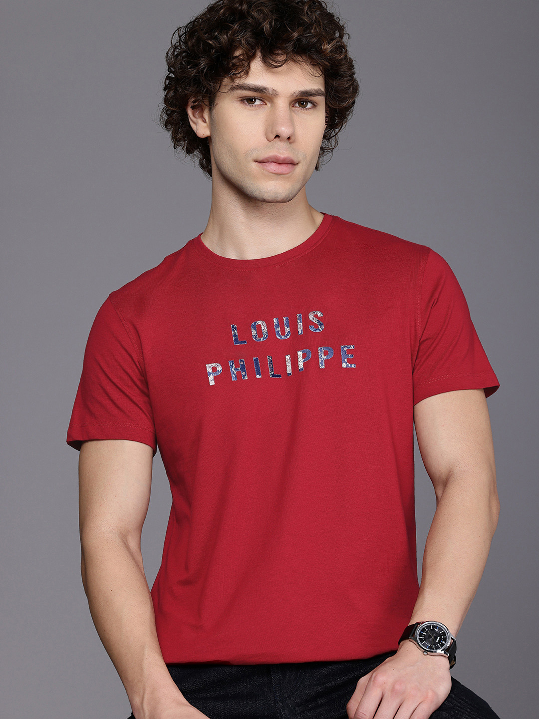 Buy Louis Philippe Jeans Brand Logo Printed Pure Cotton Slim Fit T ...