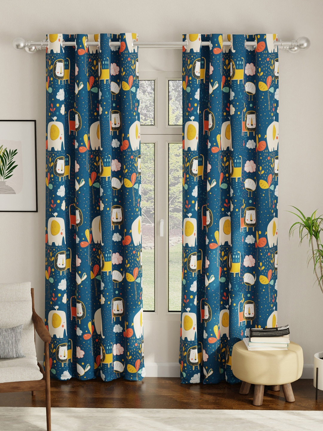 Buy URBAN SPACE Blue & White Quirky Room Darkening Window Curtain ...