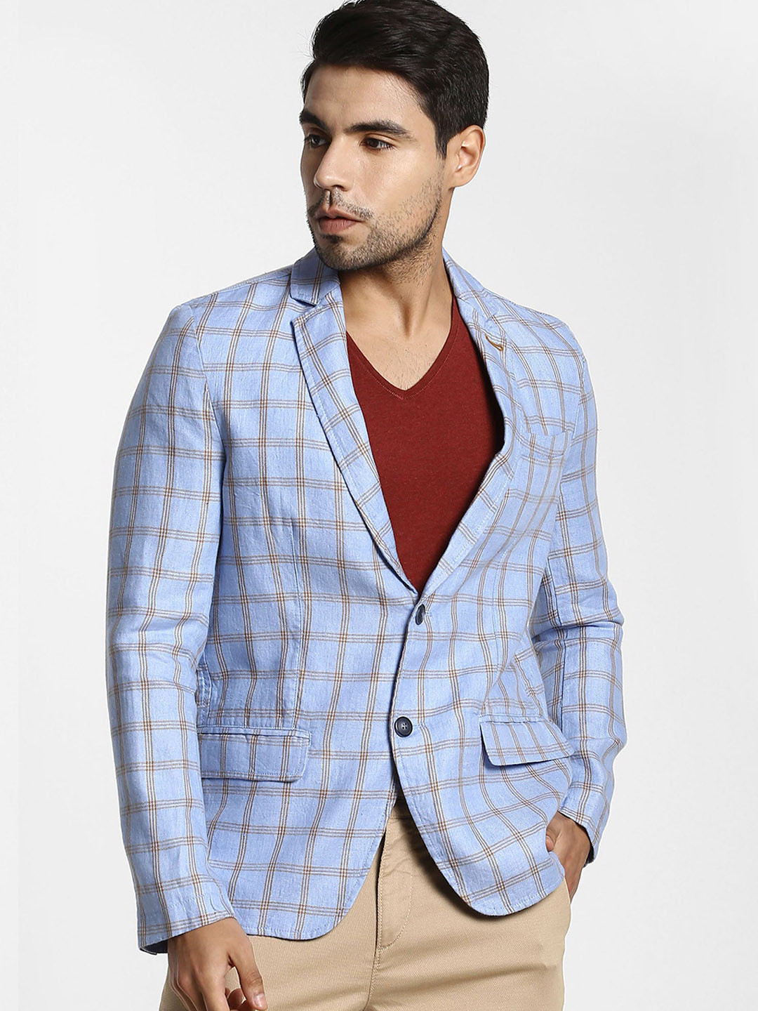 Buy Red Flame Checked Linen Single Breasted Blazer - Blazers for Men ...