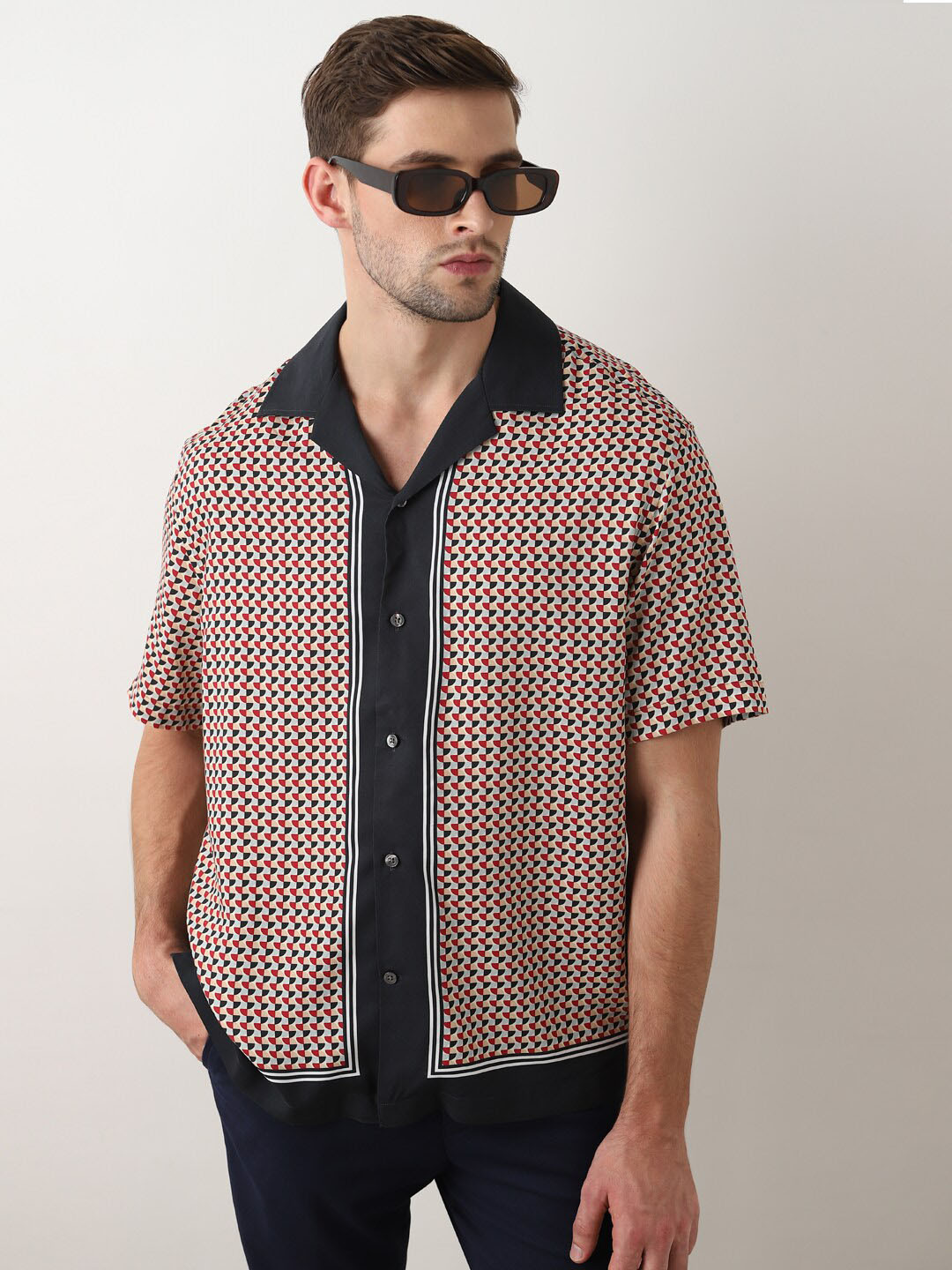 Buy SELECTED Geometric Printed Cuban Collar Oversized Casual Shirt ...