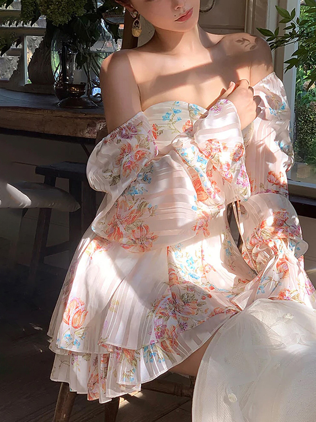 Buy LULU & SKY Floral Print Off Shoulder Flared Sleeve Polyester A Line ...