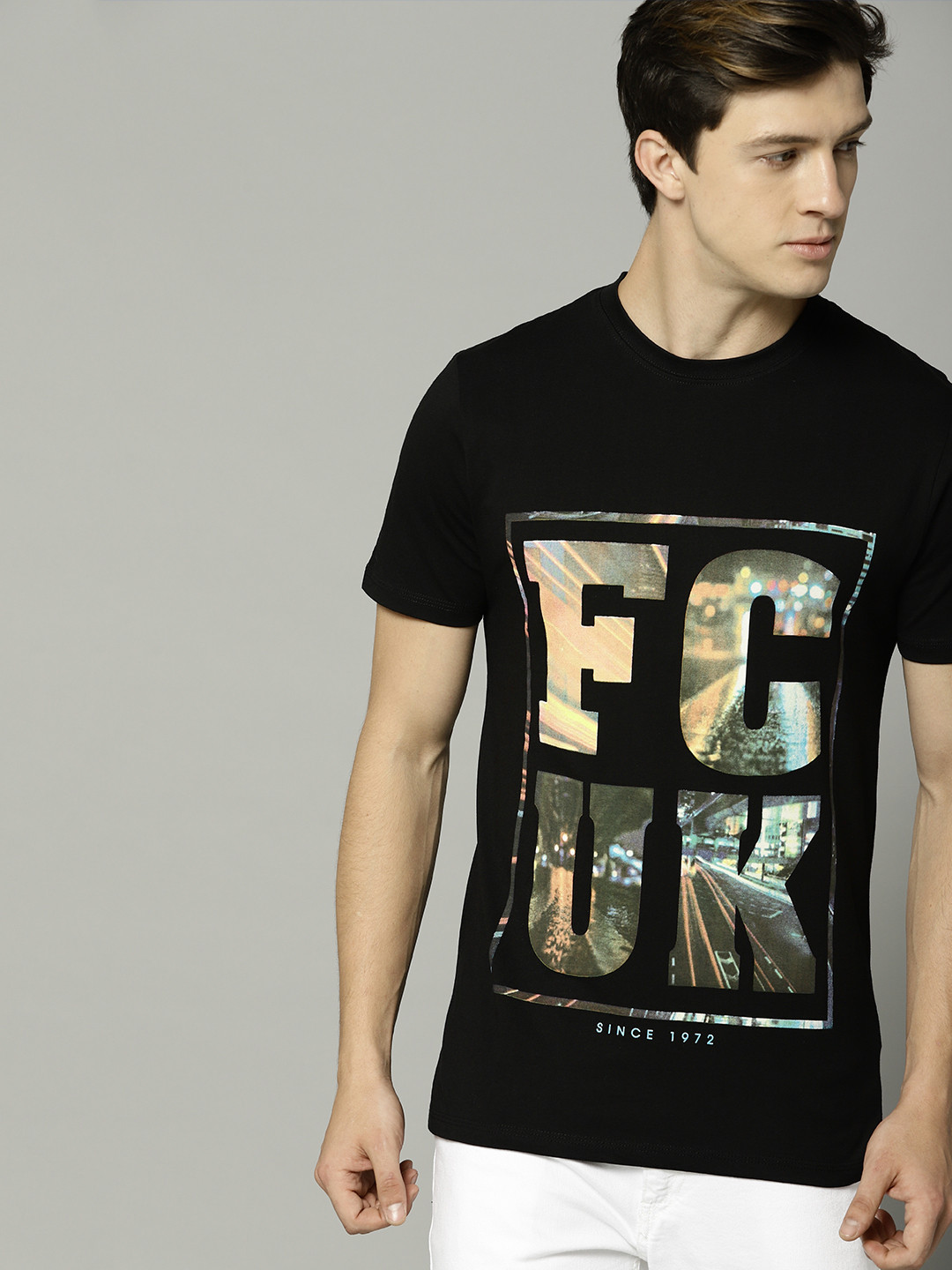 Buy French Connection Men Black Printed Round Neck Pure Cotton T Shirt ...