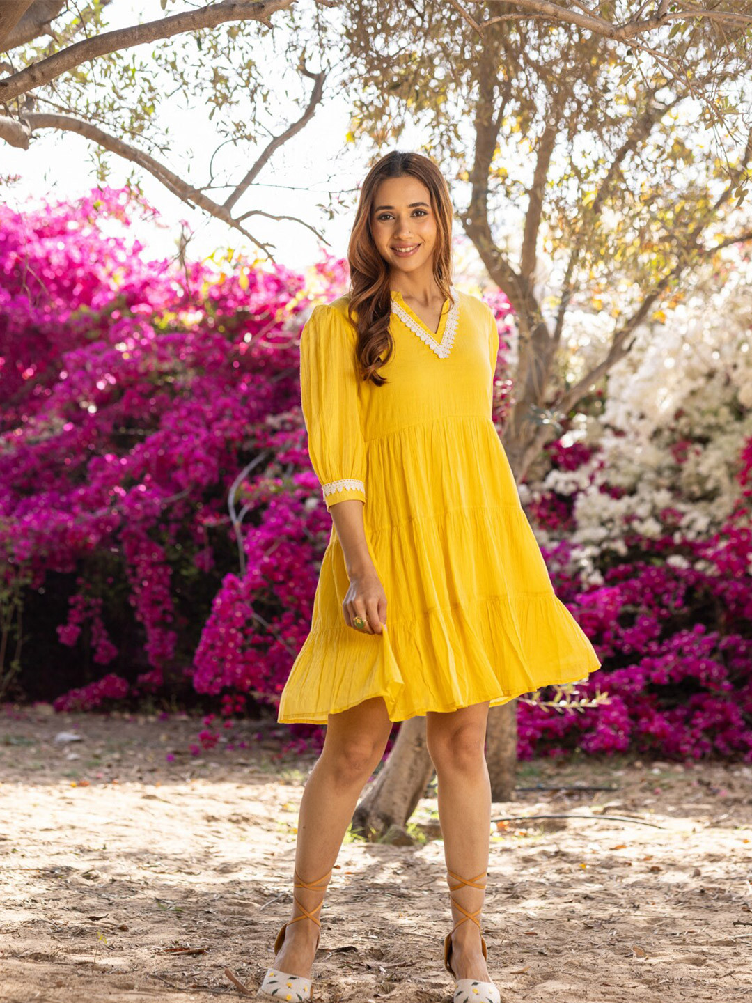 Buy Ambraee Women Mandarin Collar Puff Sleeves Lace Inserts Solid Fit ...