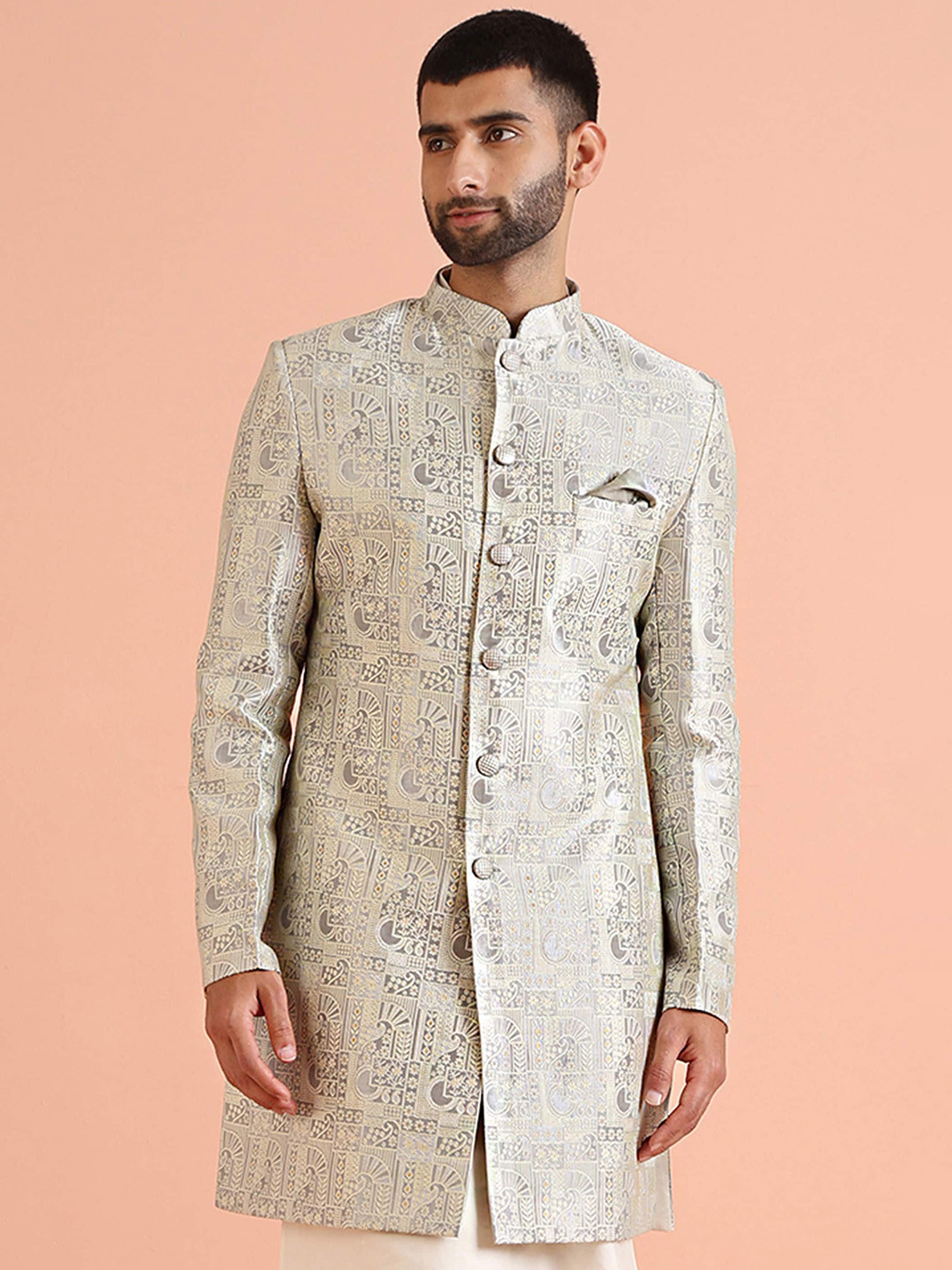 Buy KISAH Men Geometric Woven Design Mandarin Collar Indowestern ...