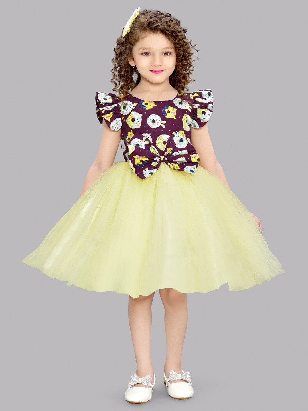 Buy Pink Chick Girls Printed Flutter Sleeve Fit & Flare Net Dress ...