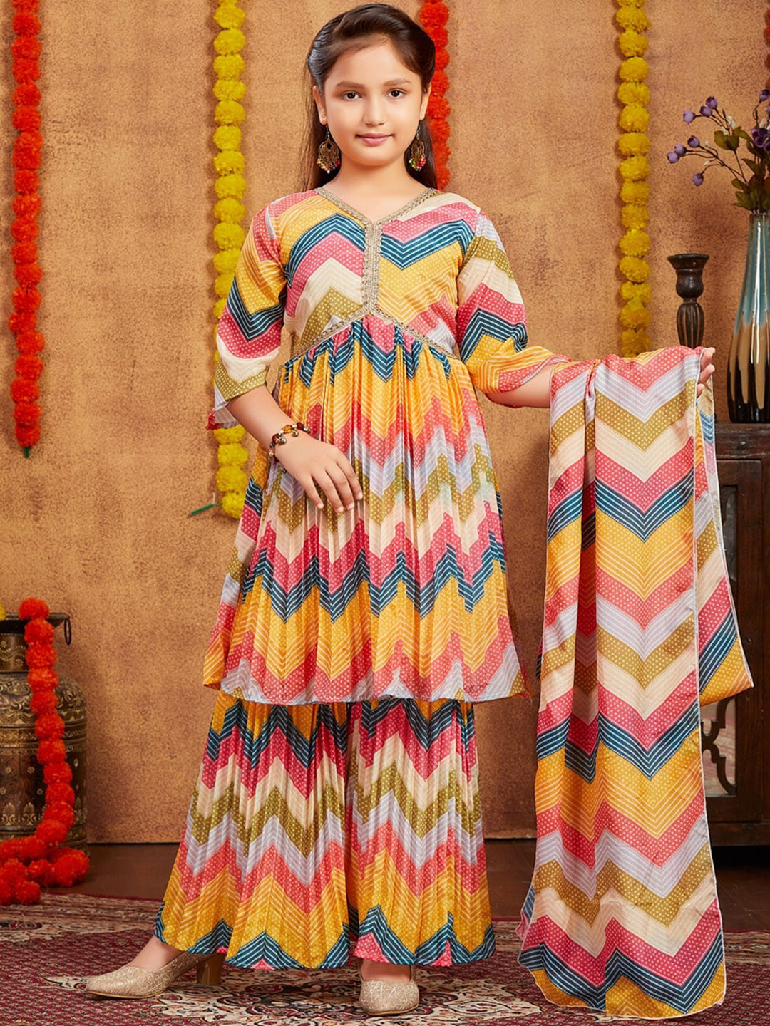 Buy BAESD Girls Chevron Printed V Neck Pure Silk Kurta With Sharara ...