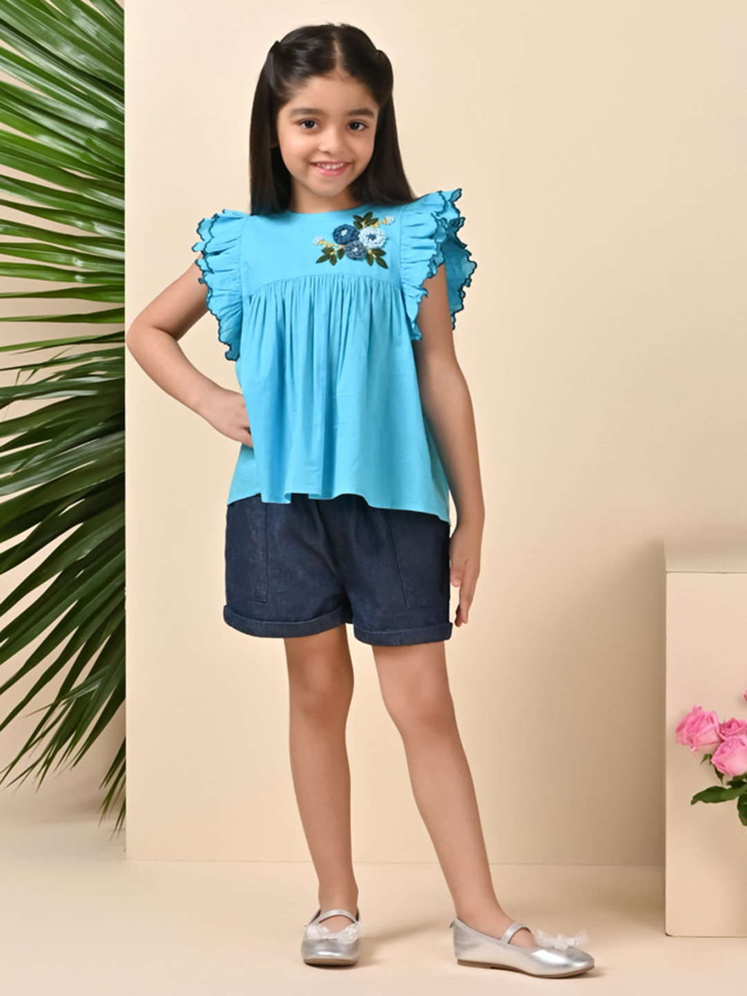 Buy The Tribe Kids Girls Round Neck Embroidered Flutter Sleeves Cotton ...