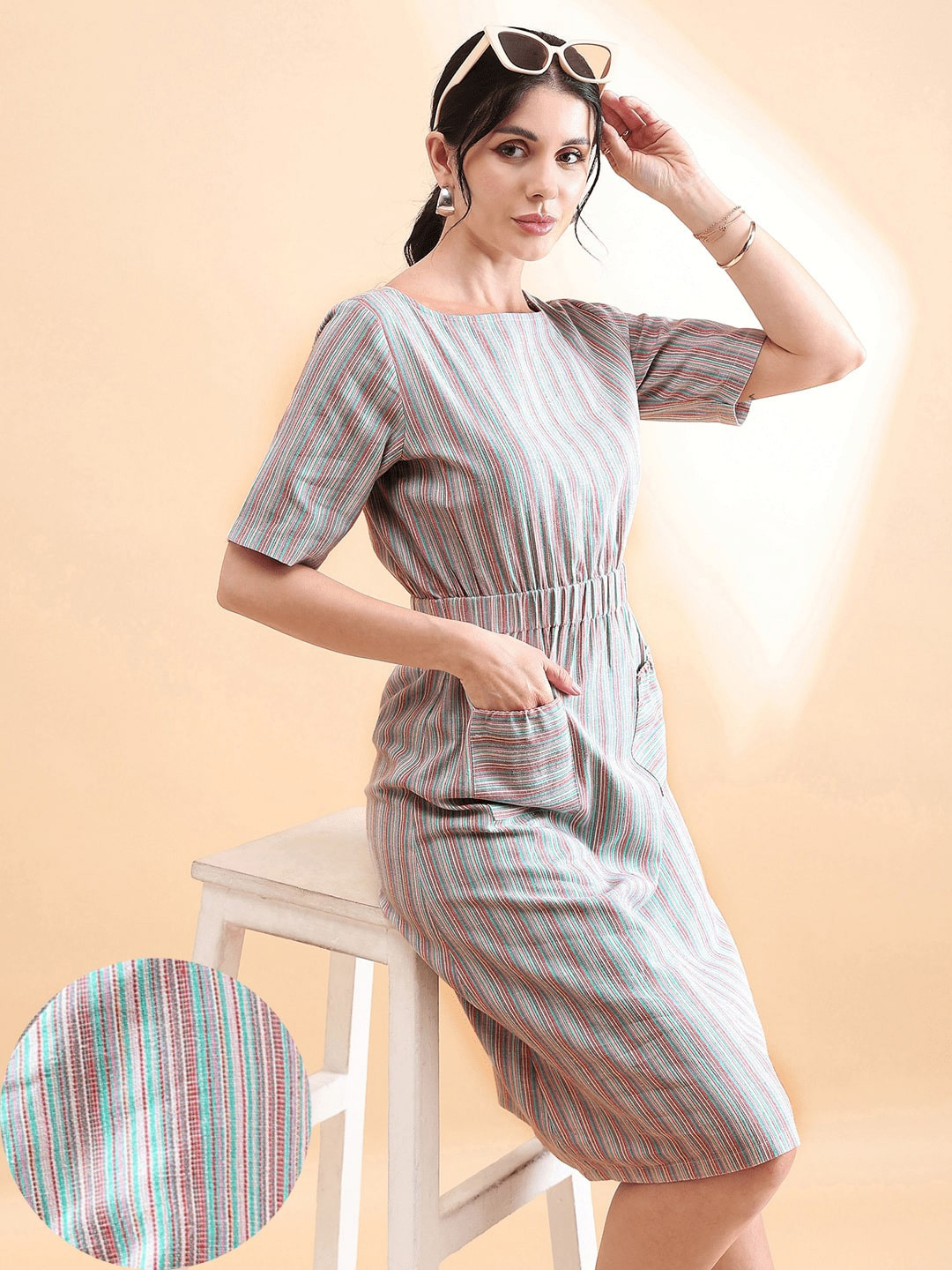 Buy PowerSutra Vertical Striped Linen Fit & Flare Dress - Dresses for ...