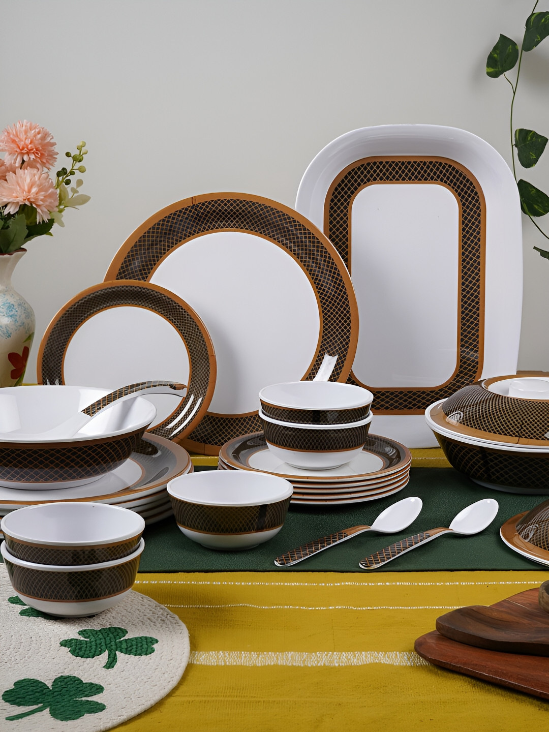 Buy Aura White & Red 46 Pieces Border Printed Glossy Melamine Dinner ...