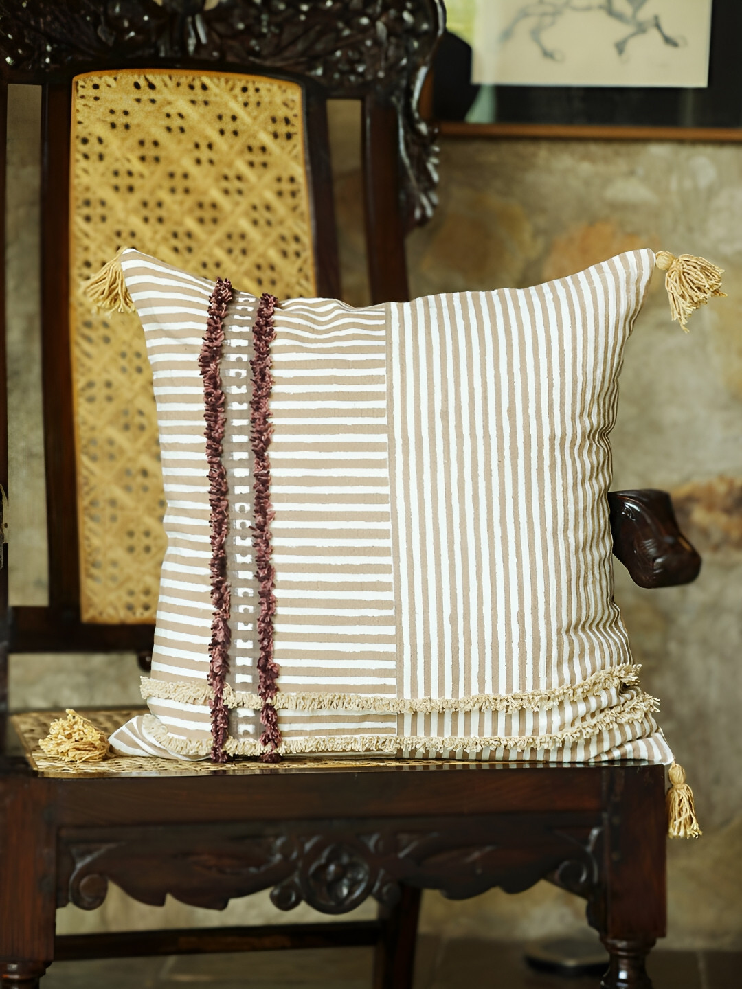 Buy SANSKRUTIHOMES Brown & White Striped Embroidered Cotton Square ...