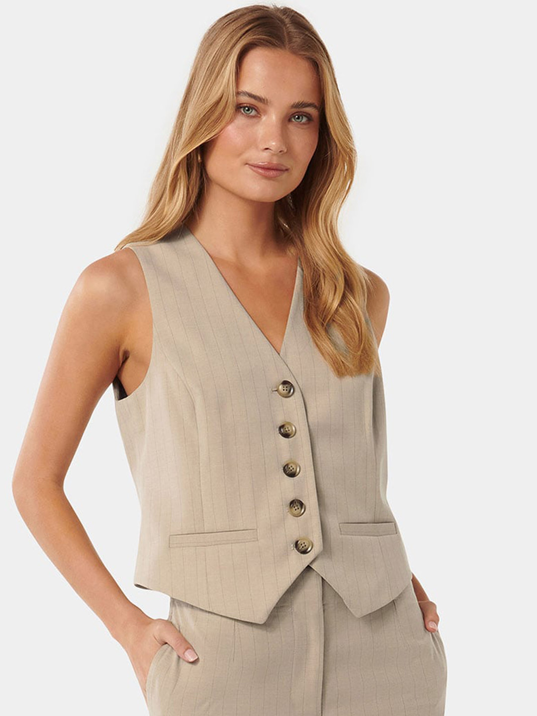 Buy Forever New Beige Striped V Neck Sleeveless Formal Waistcoat ...