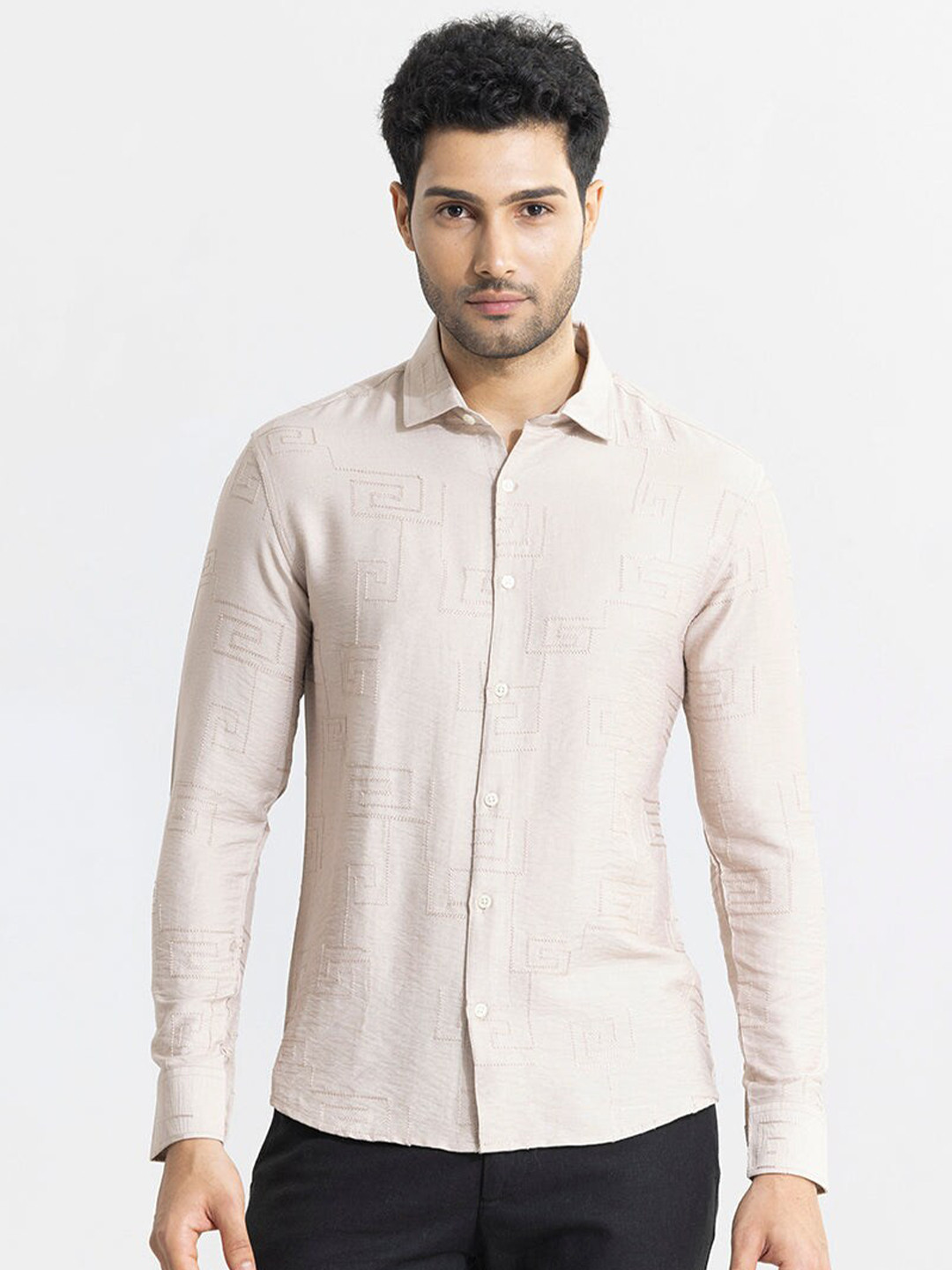 Buy Snitch Classic Slim Fit Geometric Self Design Cotton Casual Shirt ...