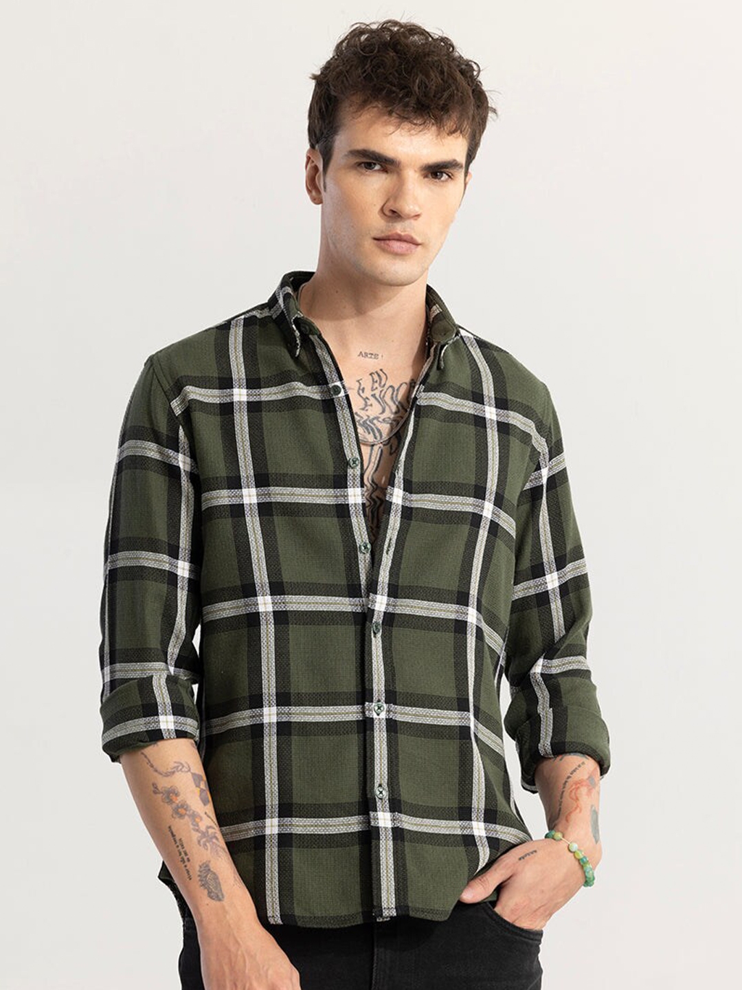 Buy Snitch Olive Classic Slim Fit Tartan Checks Cotton Checked Casual