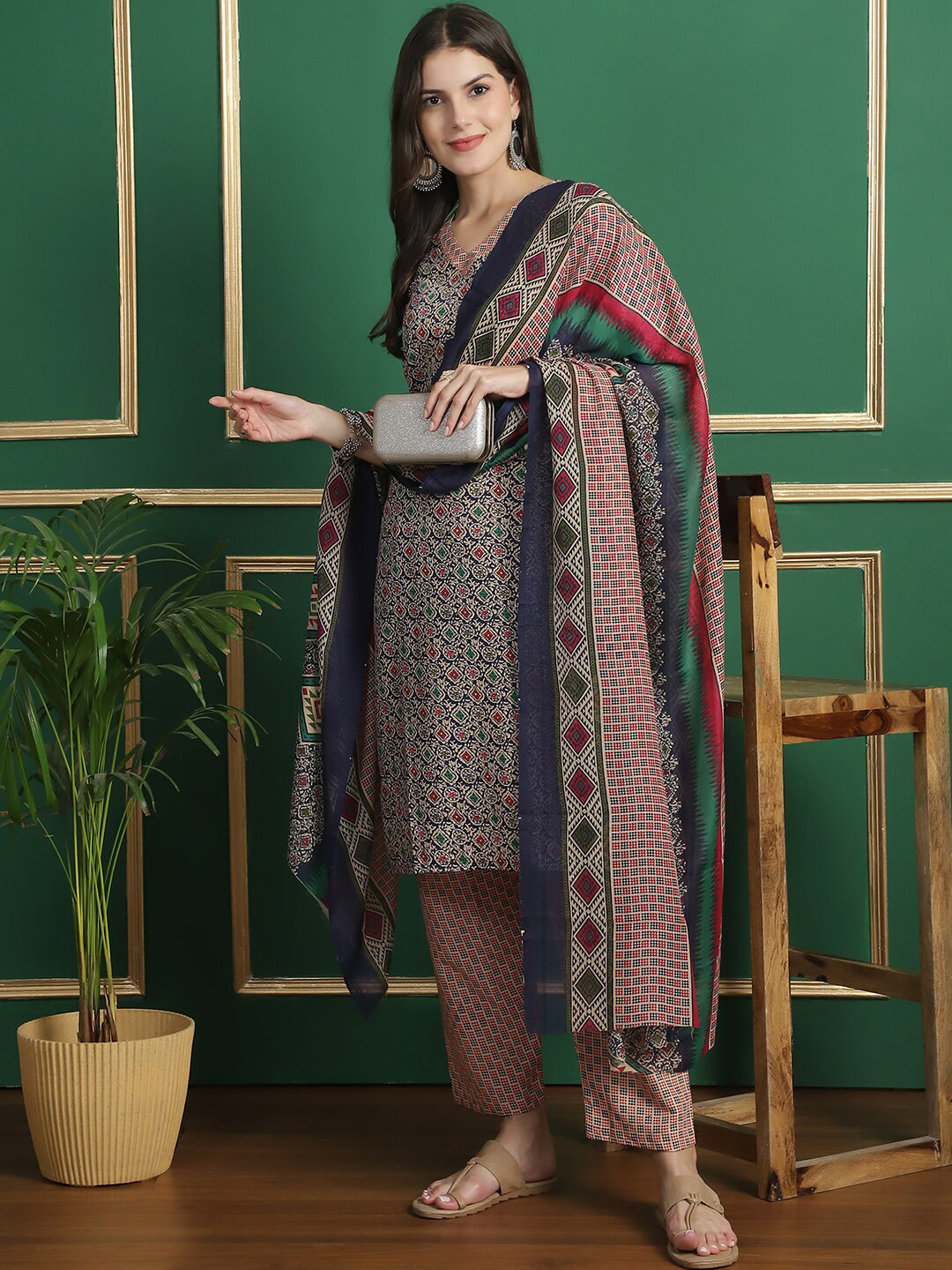 Buy Arangya Ethnic Motifs Printed Pure Cotton Straight Kurta With ...