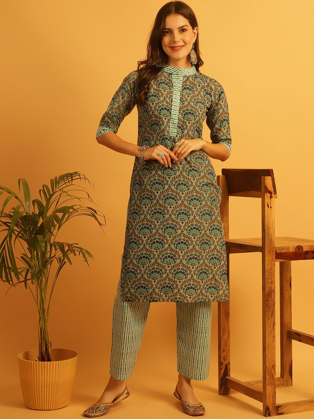 Buy Arangya Ethnic Motifs Printed Pure Cotton Straight Kurta With ...