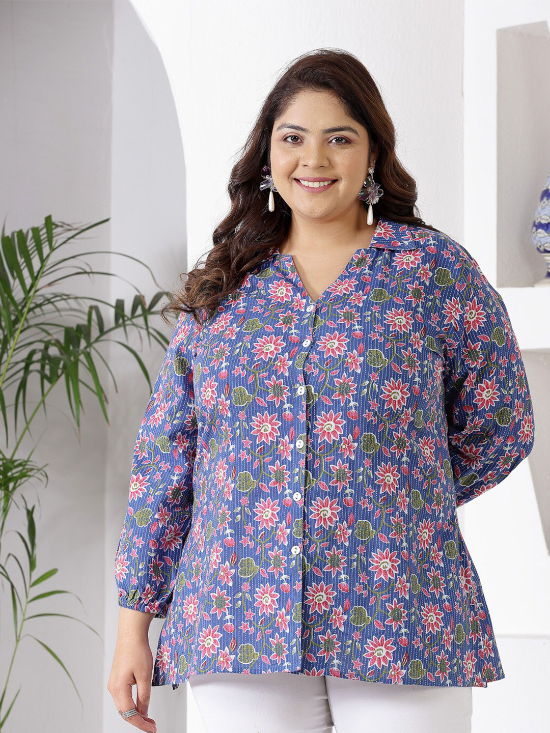 Buy Little More By Stylum Plus Size Floral Printed Pure Cotton Shirt ...
