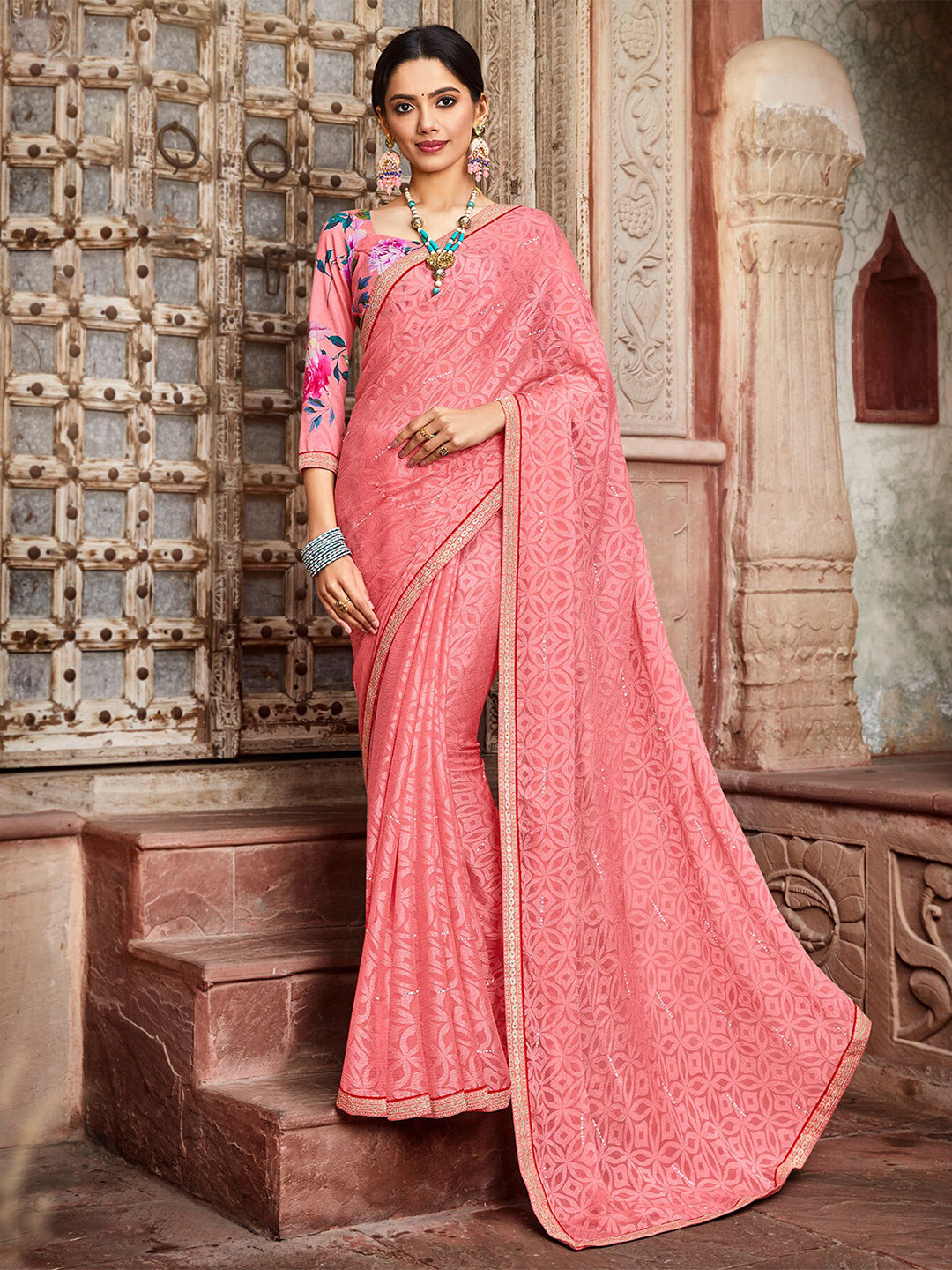 Buy Laxmipati Floral Printed Zari Embroidered Brasso Saree - Sarees for ...