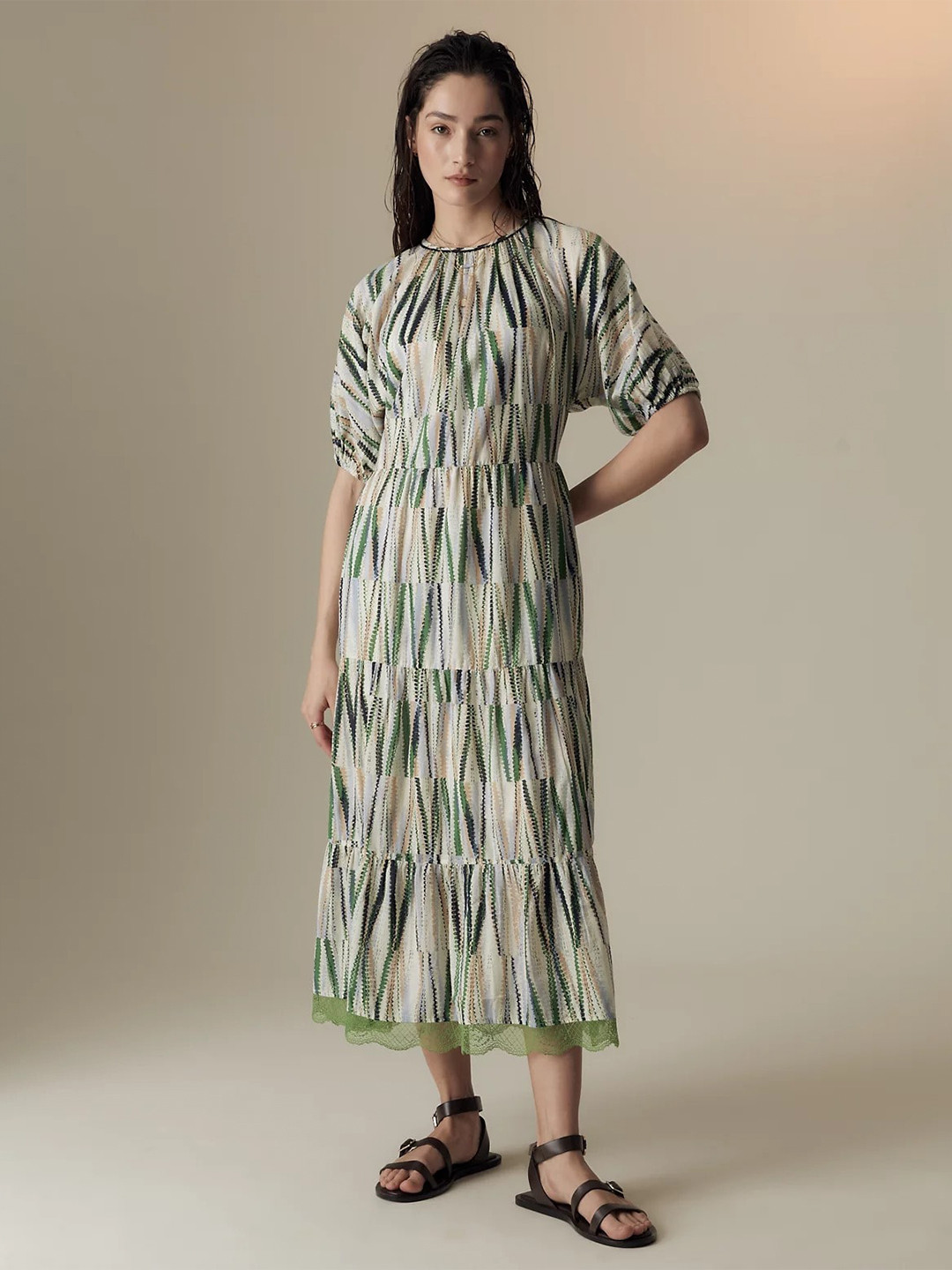 Buy Marks & Spencer Abstract Printed Round Neck A Line Midi Dress ...
