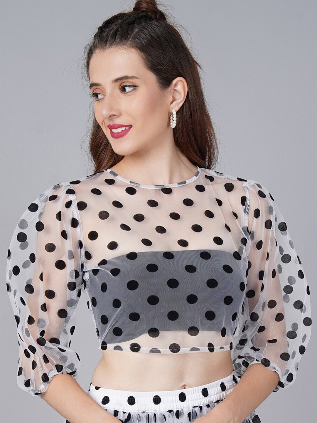 Buy BAESD Polka Dots Printed Puff Sleeves Net Crop Top - Tops for Women ...