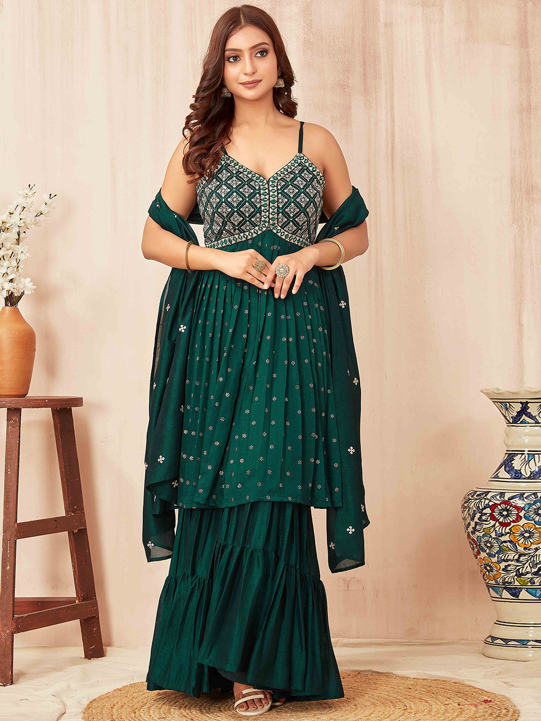 Buy CHANSI Floral Embroidered Pleated Thread Work Kurti With Sharara & Dupatta - Kurta Sets for ...