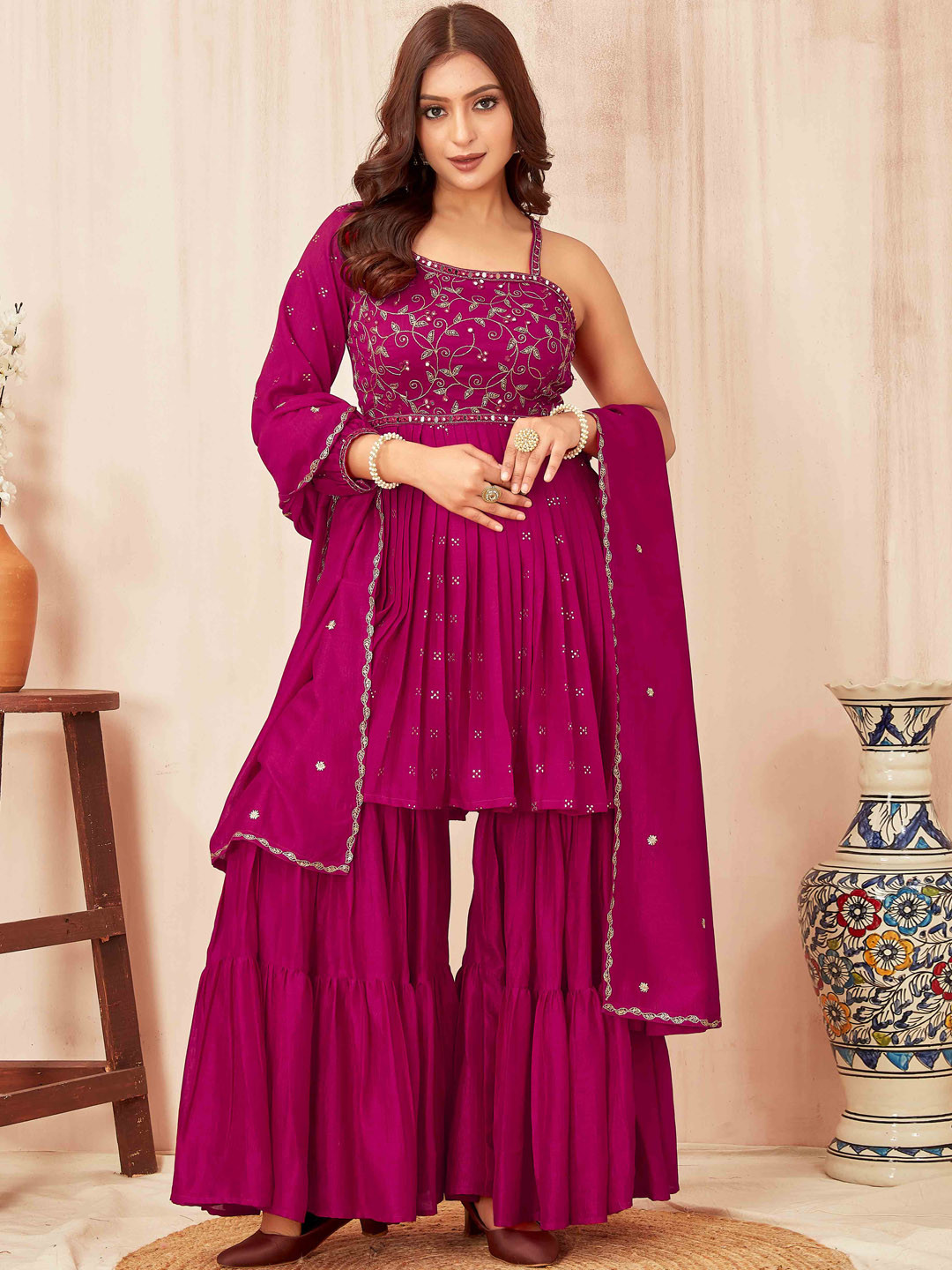 Buy CHANSI Ethnic Motifs Embroidered Pleated Thread Work Kurti With Sharara & Dupatta - Kurta ...