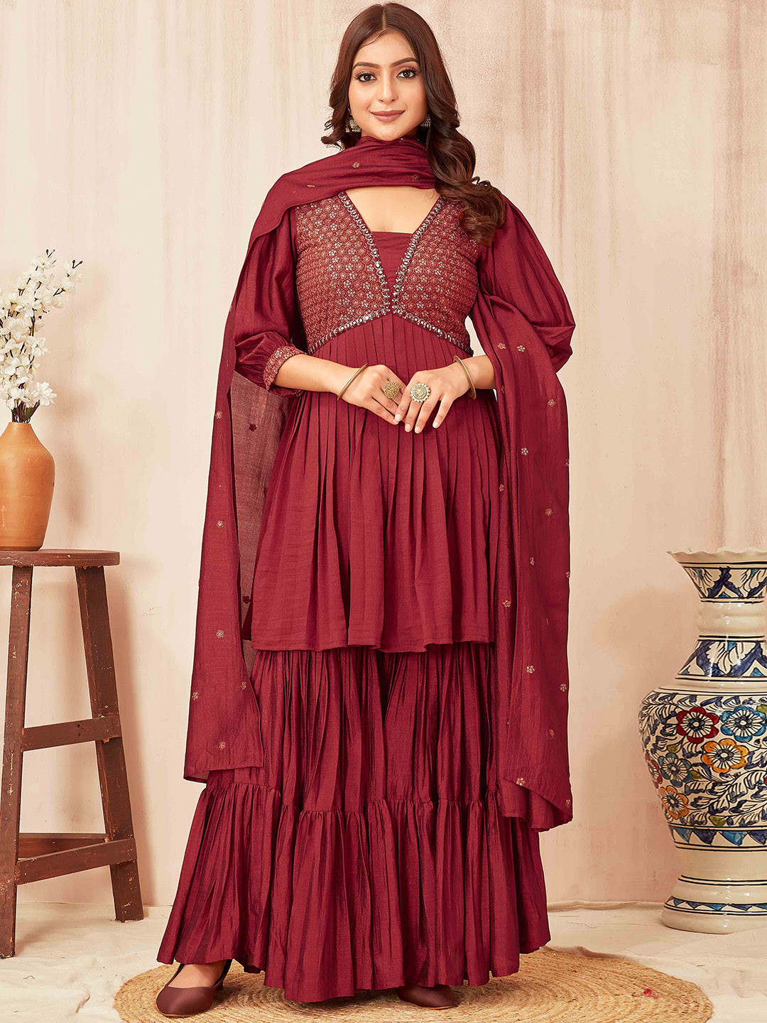 Buy CHANSI Ethnic Motifs Embroidered V Neck Sequinned Kurti With Sharara & Dupatta - Kurta Sets ...