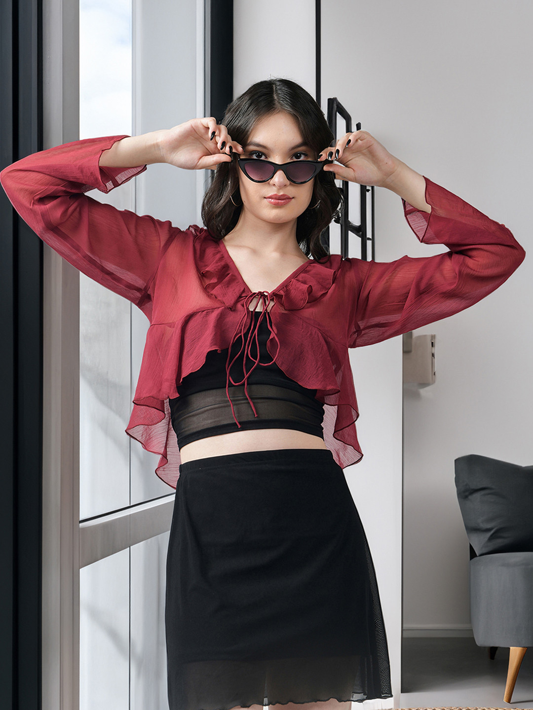 Buy IZF Tie Up Neck Ruffle Shrug - Shrug for Women 29002560 | Myntra