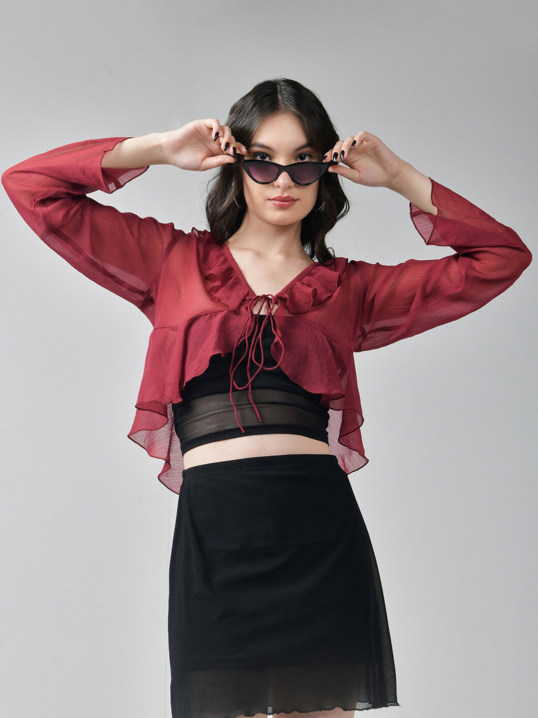 Buy IZF Tie Up Neck Ruffle Shrug - Shrug for Women 29002560 | Myntra