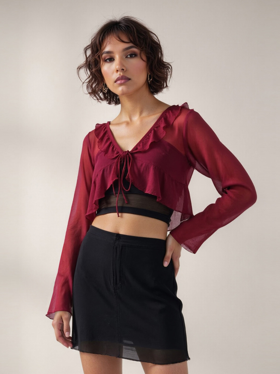 Buy IZF Tie Up Neck Ruffle Shrug - Shrug for Women 29002560 | Myntra