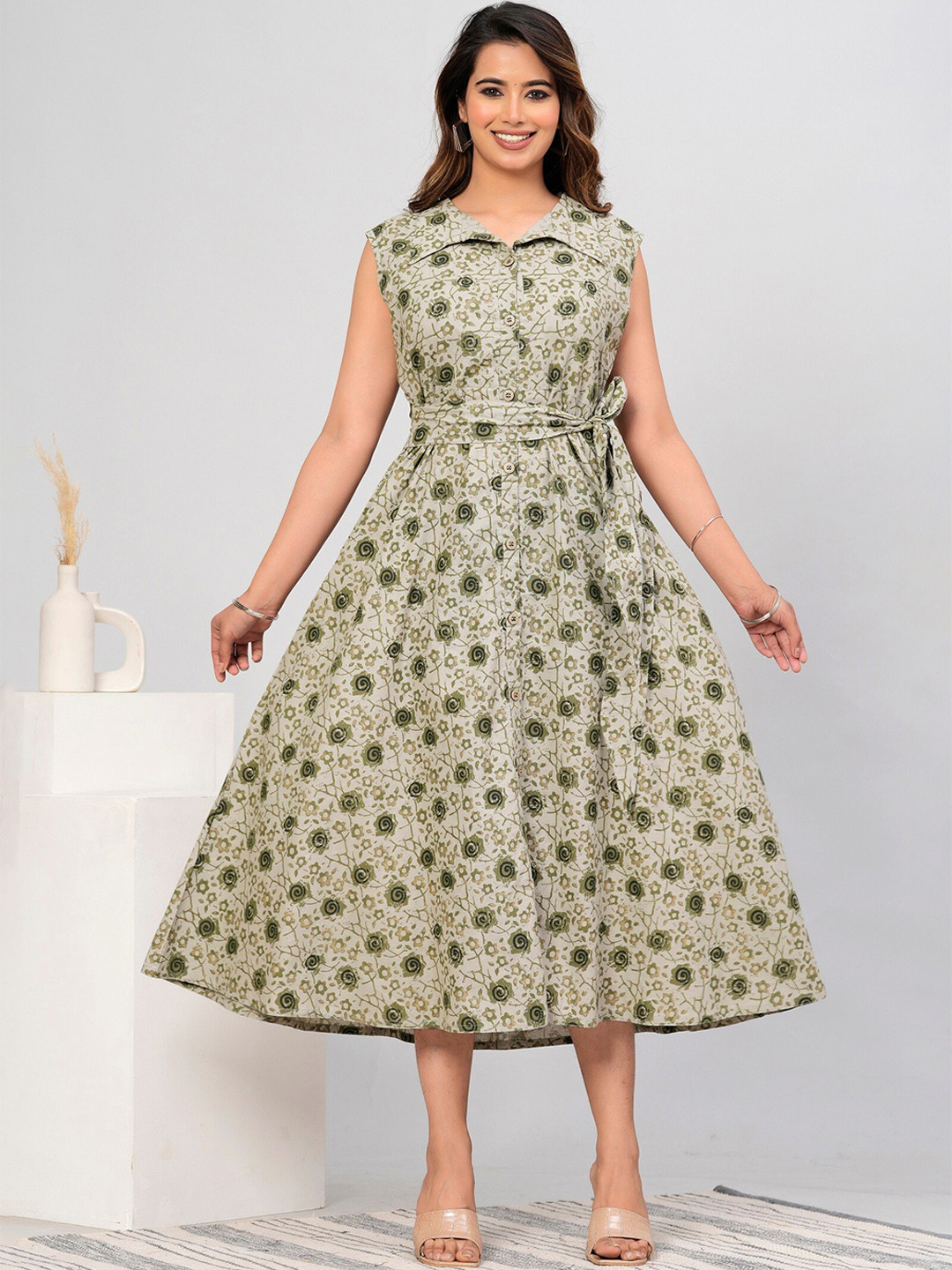 Buy SHOOLIN Floral Print Shirt Collar Formal A Line Cotton Midi Dress ...