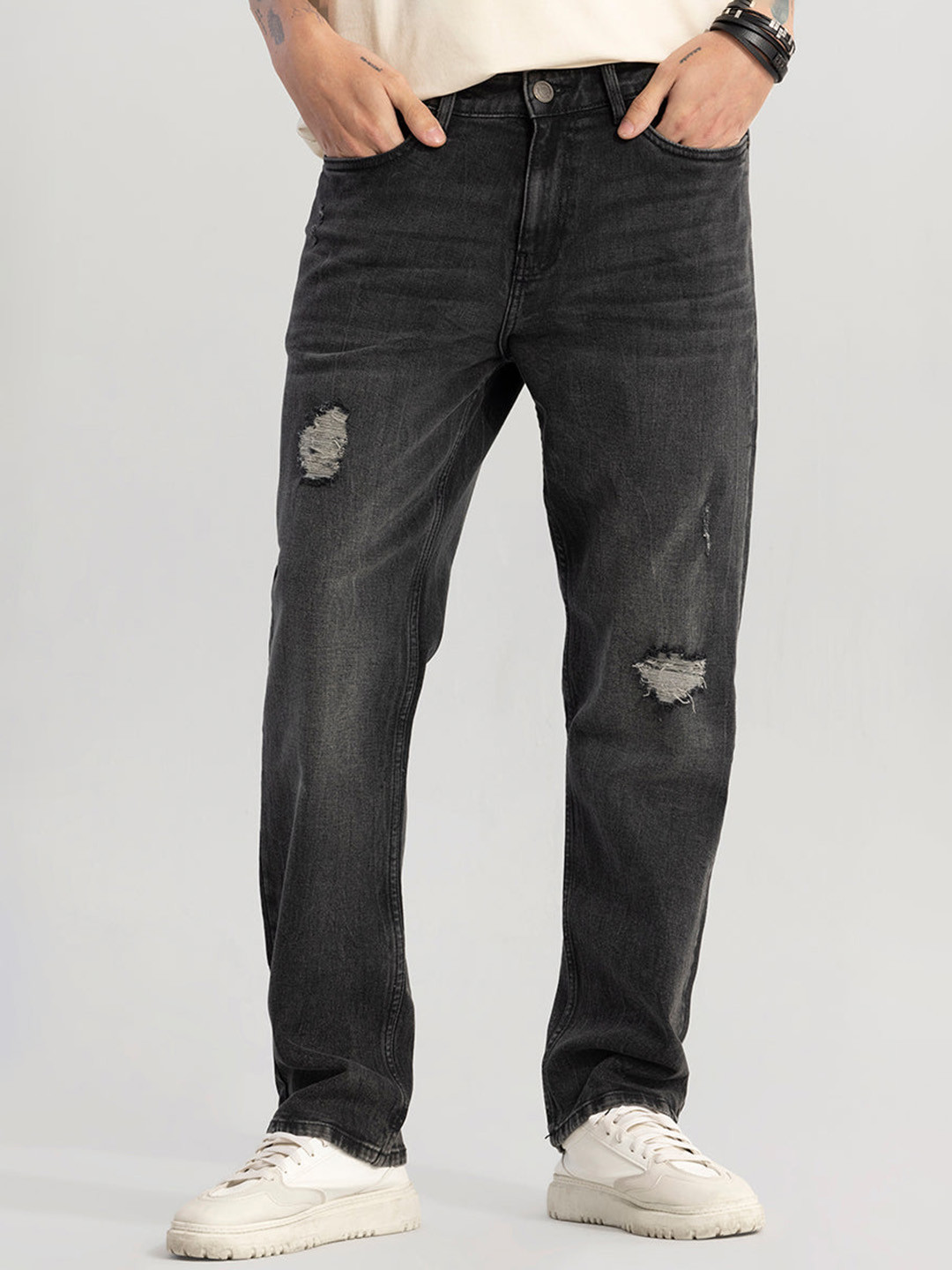 Buy Snitch Men Straight Fit Low Distress Light Fade Stretchable Jeans ...