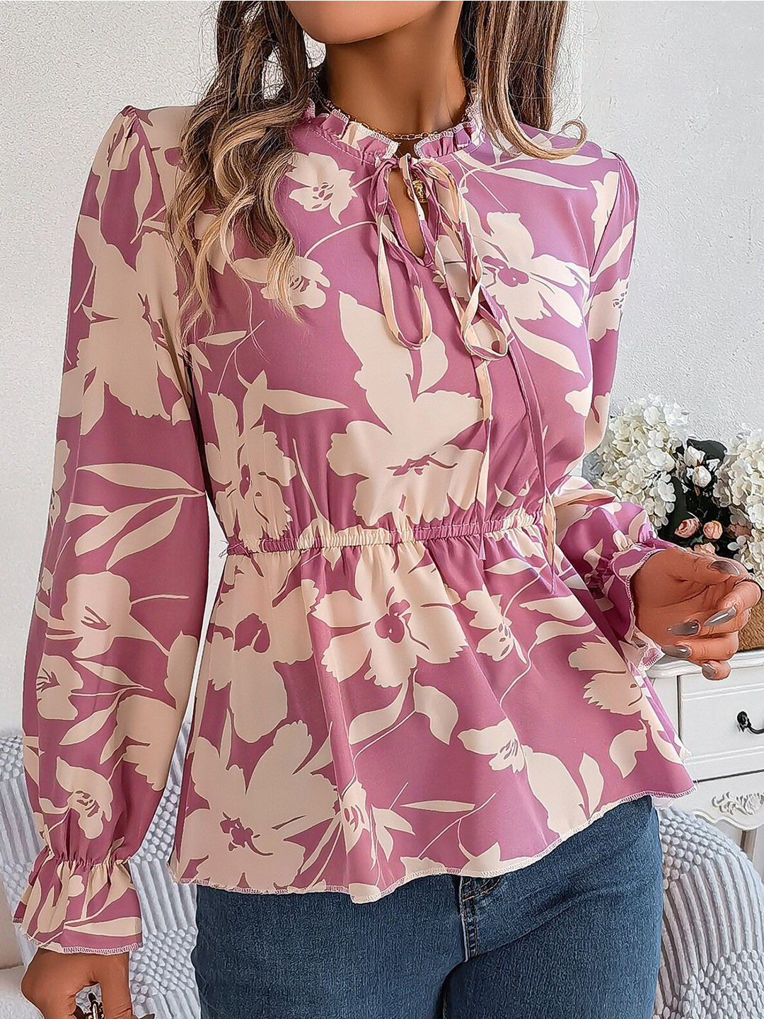 Buy All About You Violet Floral Printed Tie Up Neck Puff Sleeves ...